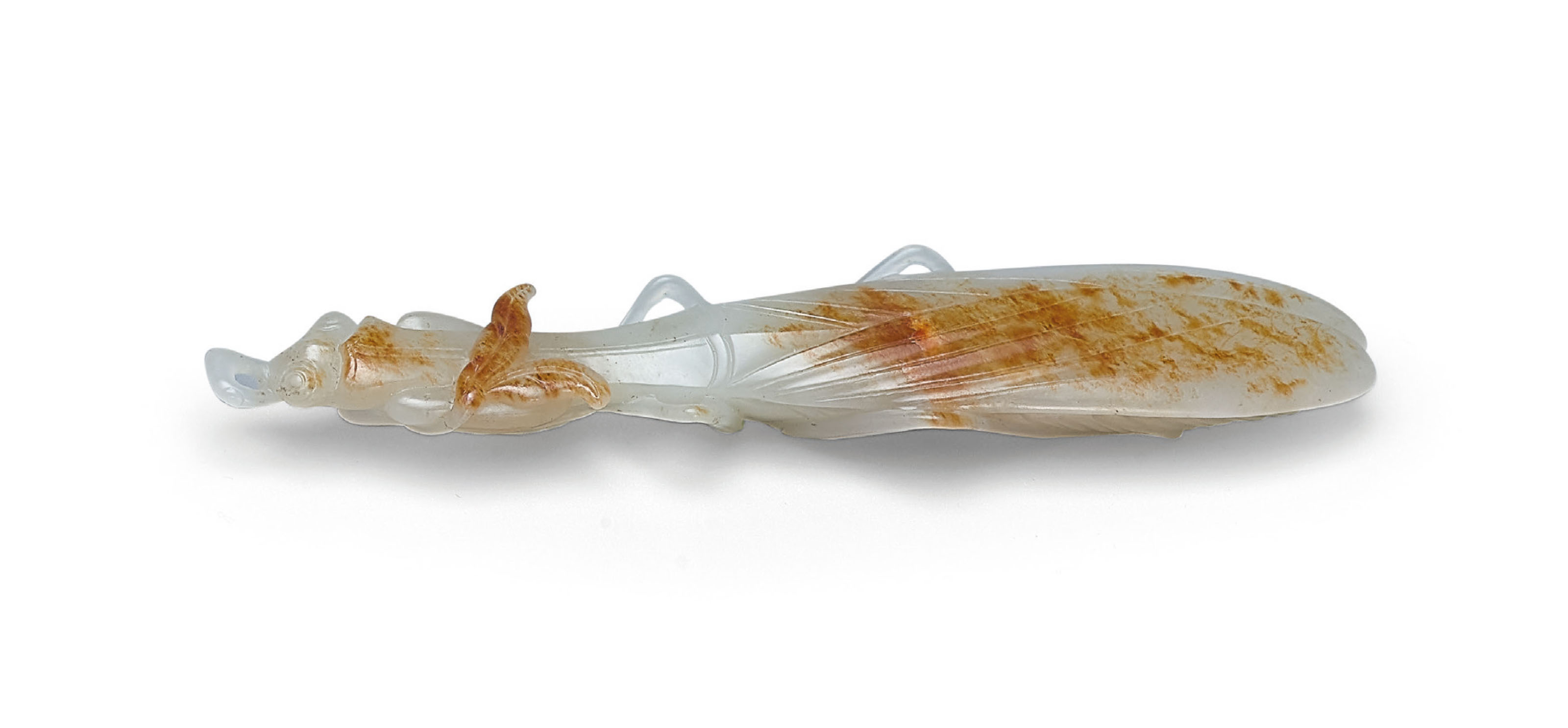 A SUPERBLY CARVED WHITE JADE PRAYING MANTIS