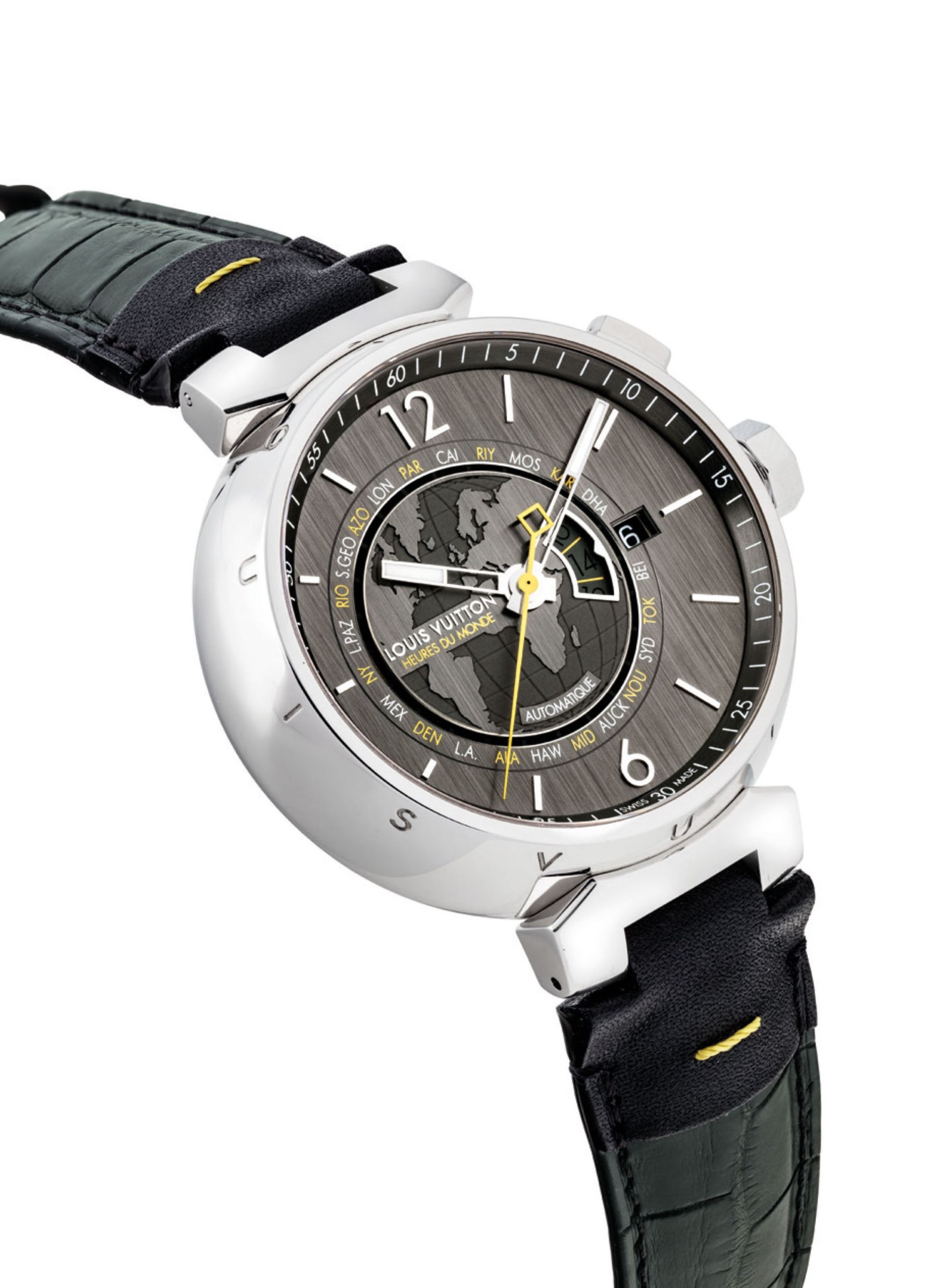 LOUIS VUITTON. A STAINLESS STEEL AUTOMATIC WORLD TIME WRISTWATCH WITH ...