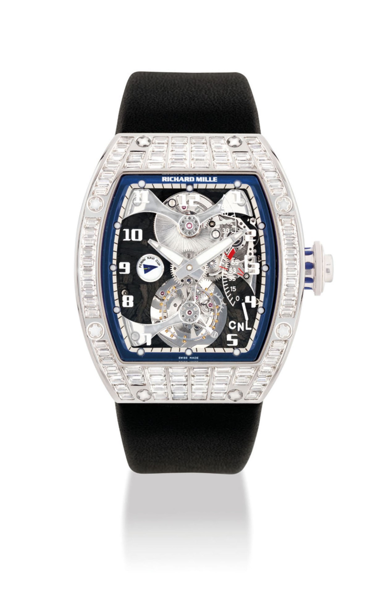 RICHARD MILLE. AN EXTREMELY RARE AND FINE PLATINUM AND BAGUETTE-CUT ...