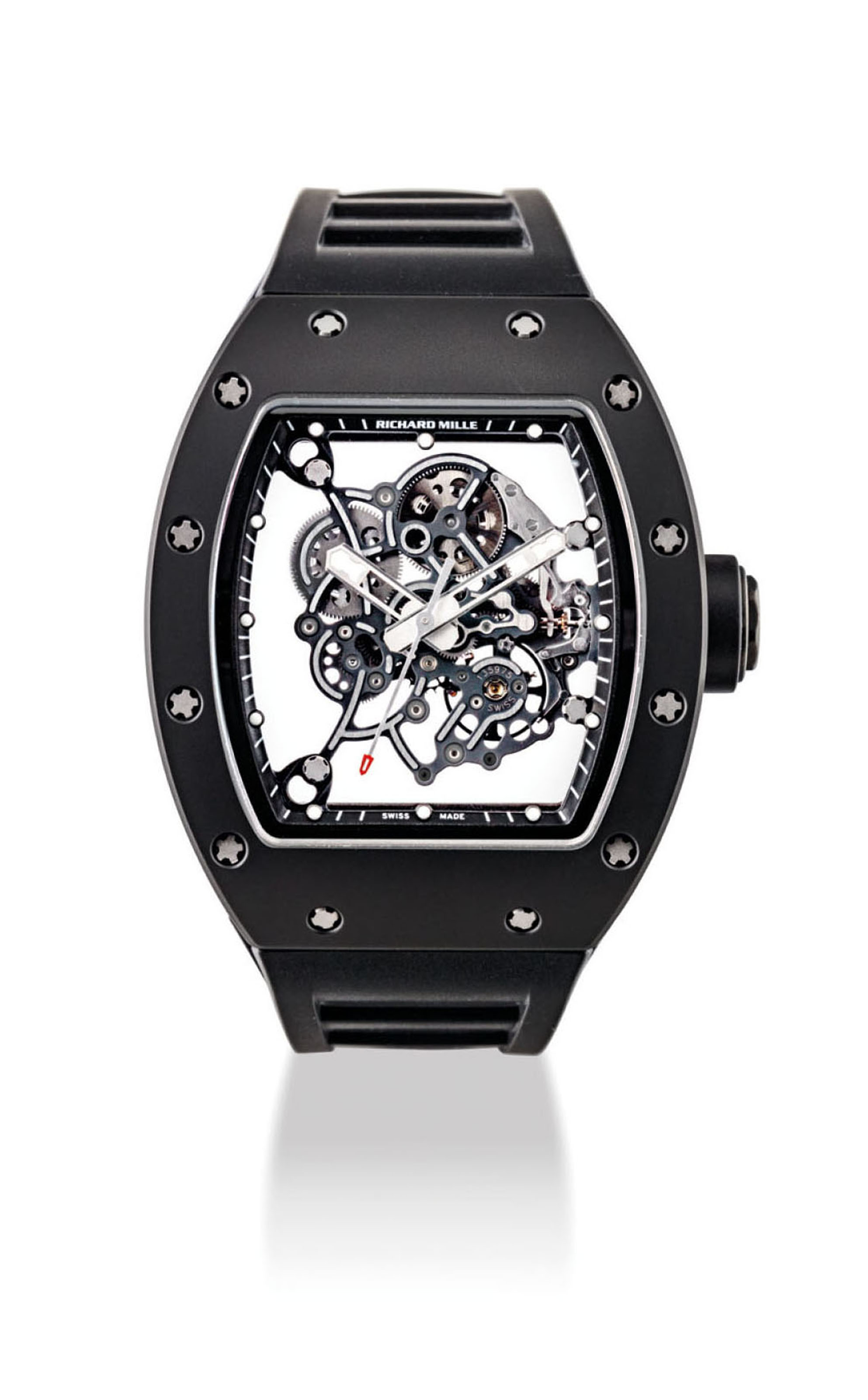 RICHARD MILLE. A FINE AND RARE TITANIUM TONNEAU-SHAPED SKELETONISED ...