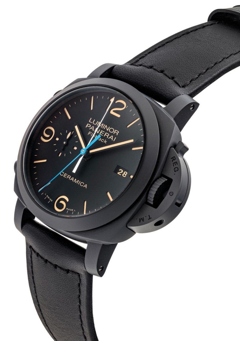 PANERAI. A BLACK CERAMIC CUSHION-SHAPED AUTOMATIC FLYBACK CHRONOGRAPH ...