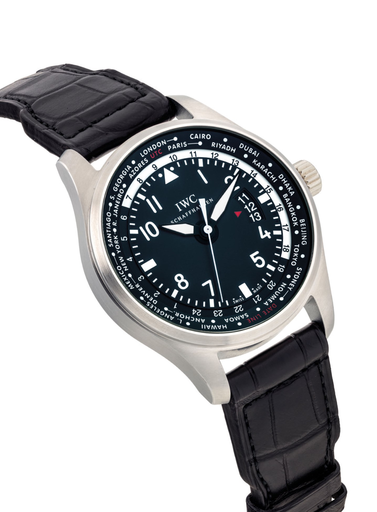 IWC. A STAINLESS STEEL AUTOMATIC WORLD TIME WRISTWATCH WITH SWEEP ...