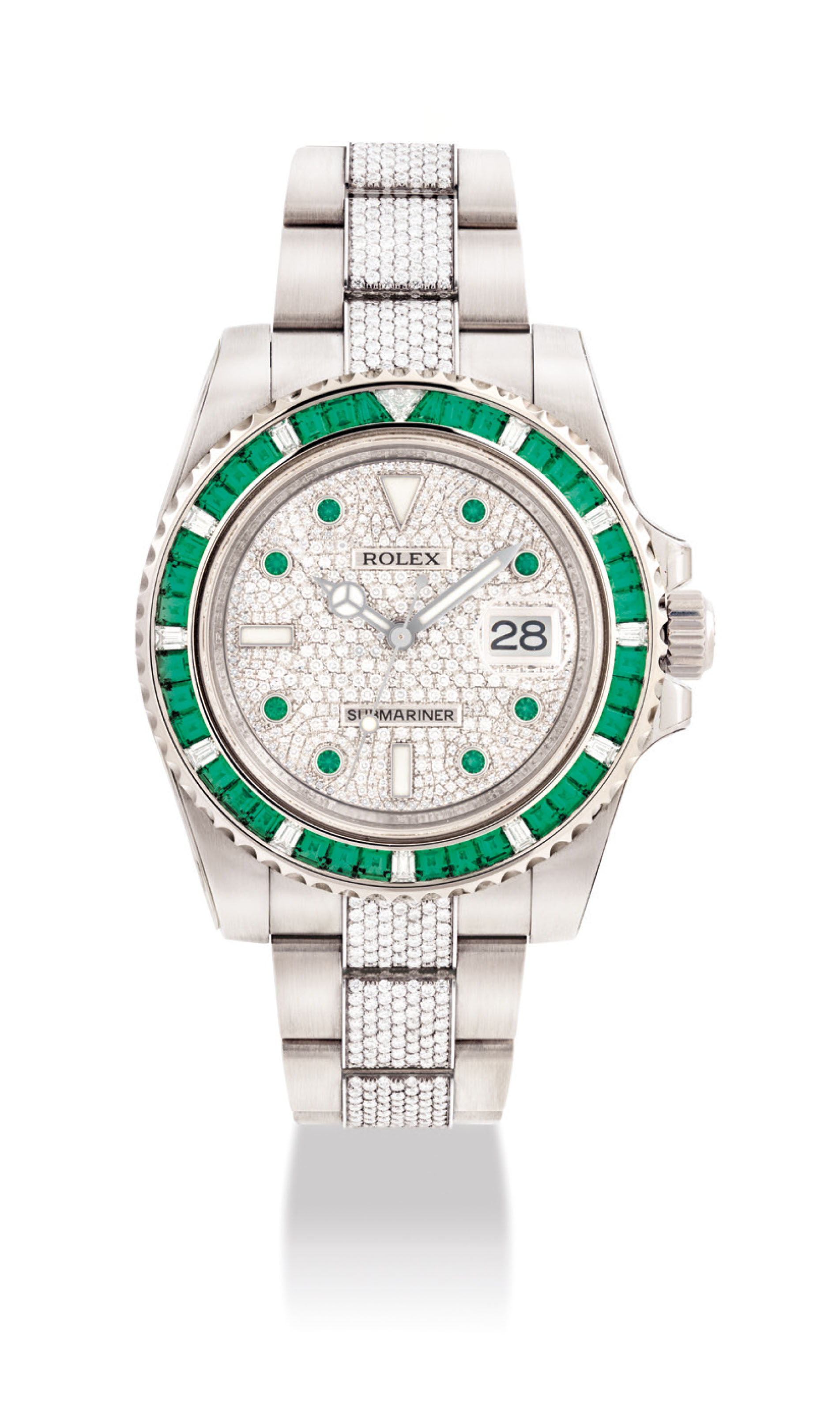 ROLEX. AN EXTREMELY RARE AND HIGHLY ATTRACTIVE 18K WHITE GOLD, EMERALD ...