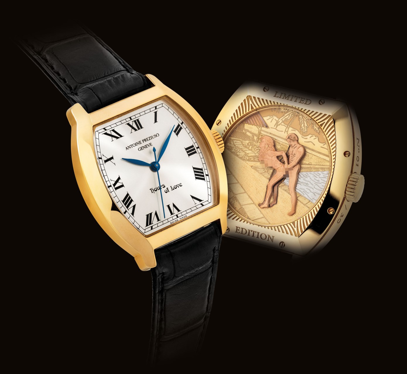 ANTOINE PREZIUSO. A FINE AND RARE 18K GOLD LIMITED EDITION TONNEAU ...