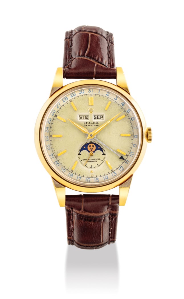ROLEX. A RARE AND FINE 18K GOLD AUTOMATIC TRIPLE CALENDAR WRISTWATCH ...
