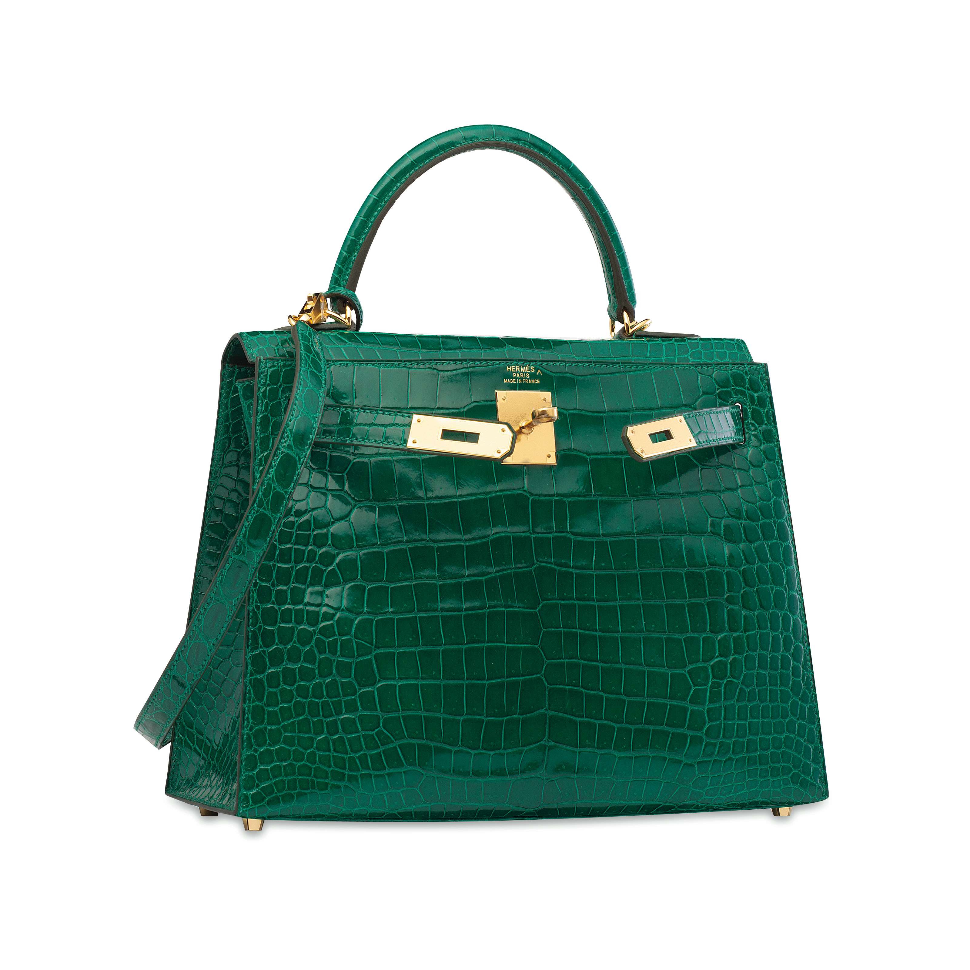 A Shiny Vert Émeraude Porosus Crocodile Sellier Kelly 28 With Gold Hardware