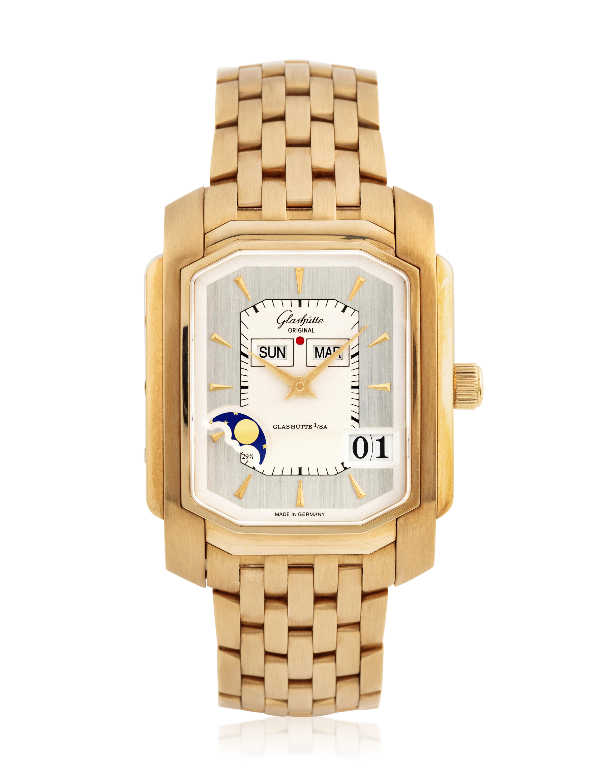 GLASHUTTE, 18K PINK GOLD RECTANGULAR PERPETUAL CALENDAR BRACELET WATCH ...