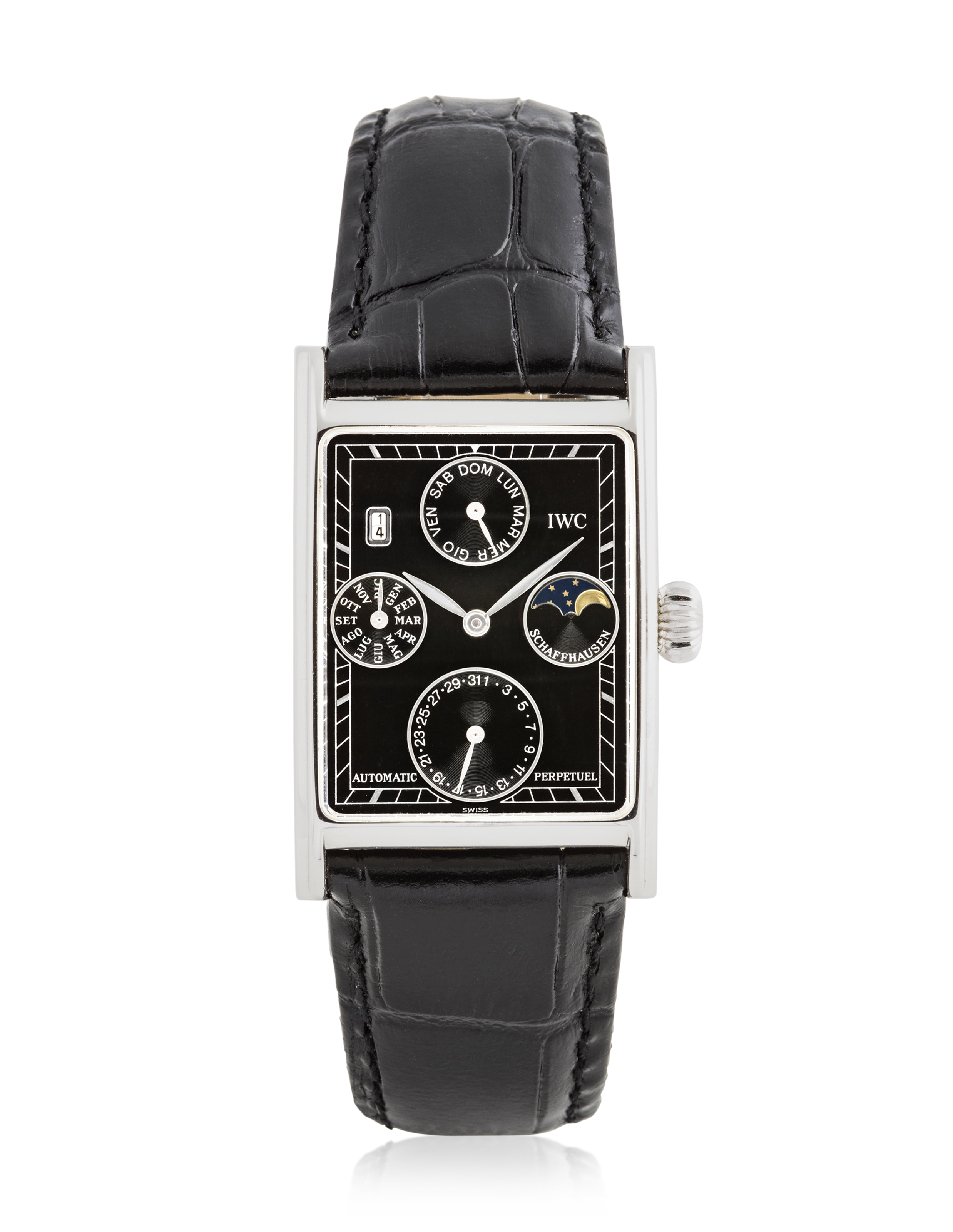 IWC, PLATINUM RECTANGULAR PERPETUAL CALENDAR AND MOON PHASES | Christie’s