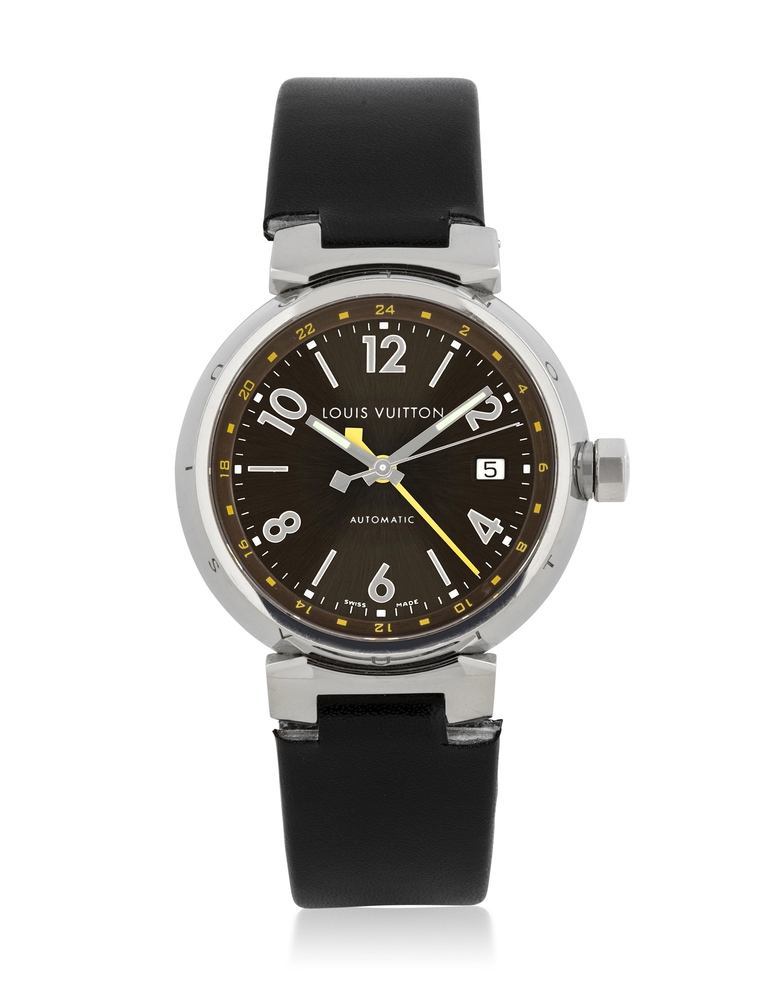 LOUIS VUITTON, STAINLESS STEEL TAMBOUR ESSENTIAL BRUN GMT, REF. Q1131 ...