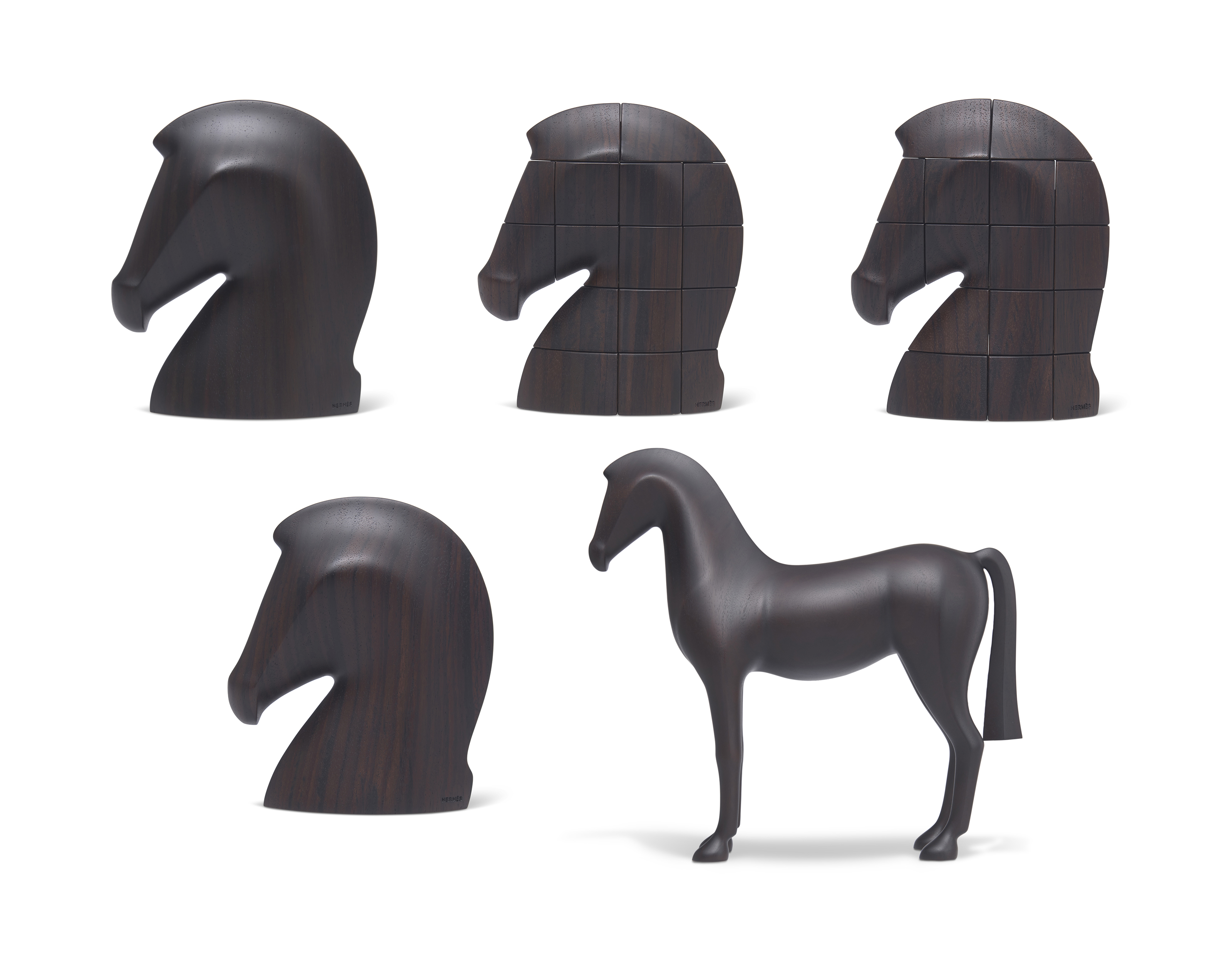 A SET OF FIVE: TWO WOODEN SMALL SAMARCANDE SCULPTURES, TWO WOODEN ...