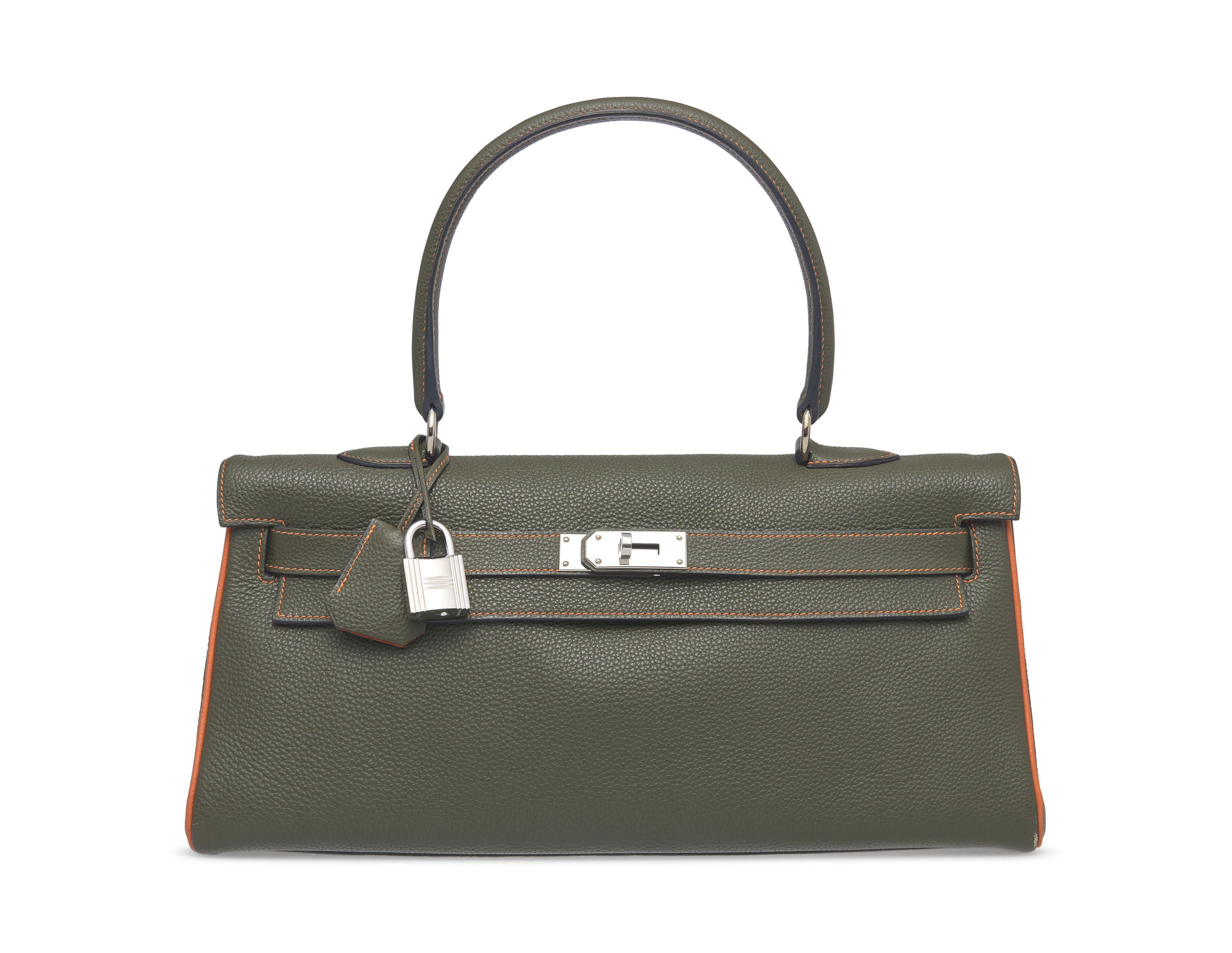 A CUSTOM VERT OLIVE & ORANGE CLÉMENCE LEATHER KELLY SHOULDER 42 WITH ...