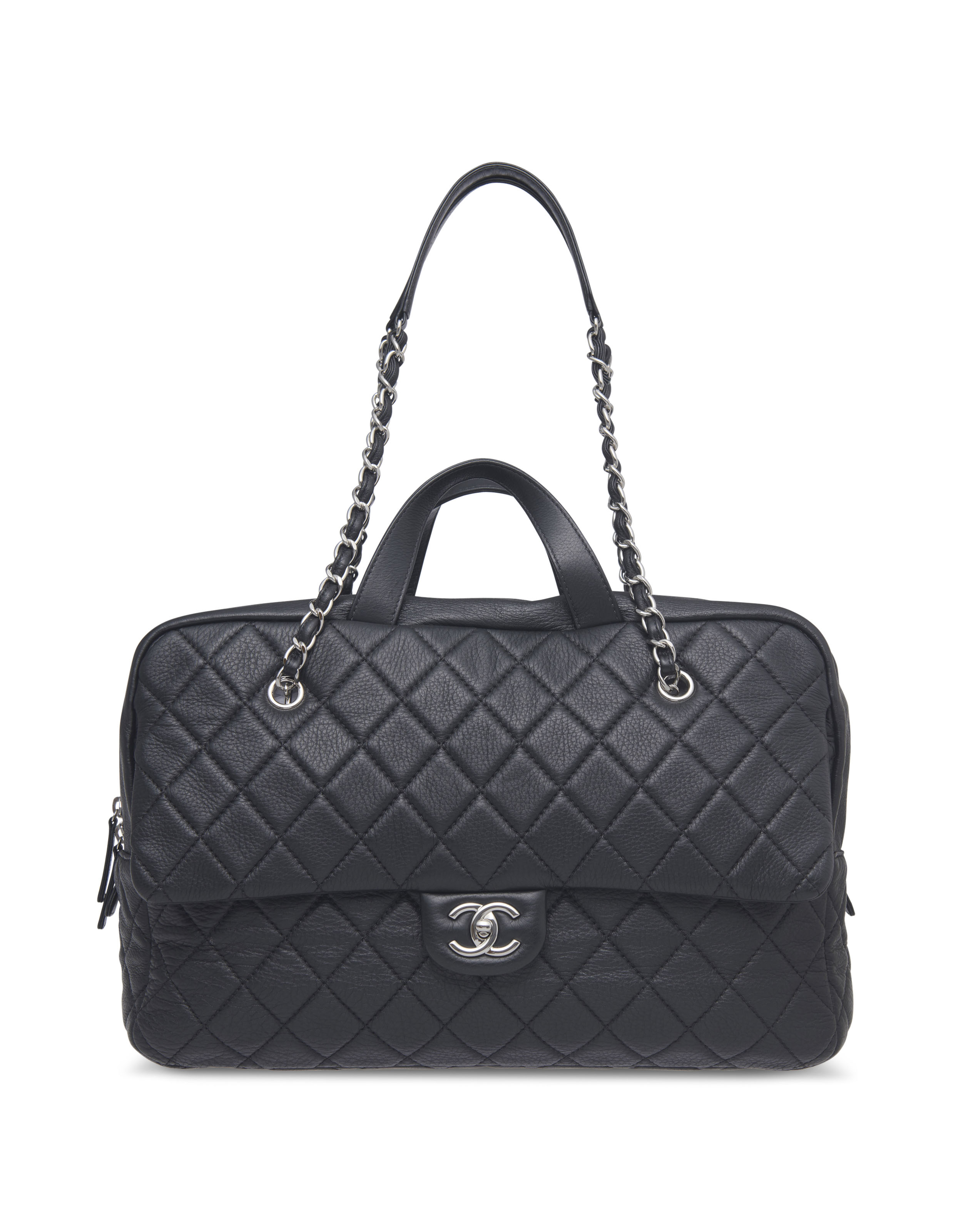 A BLACK QUILTED LEATHER LARGE CAMERA CASE FLAP BAG WITH AGED SILVER ...