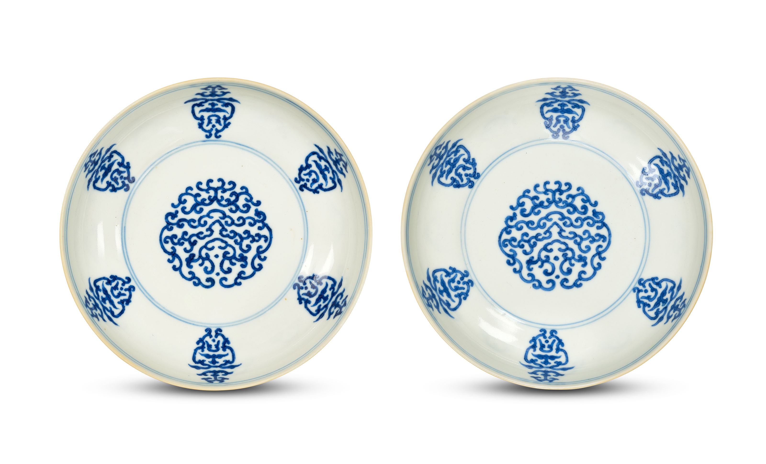 A PAIR OF BLUE AND WHITE ‘SHOU-CHARACTER’ DISHES, QIANLONG SIX ...