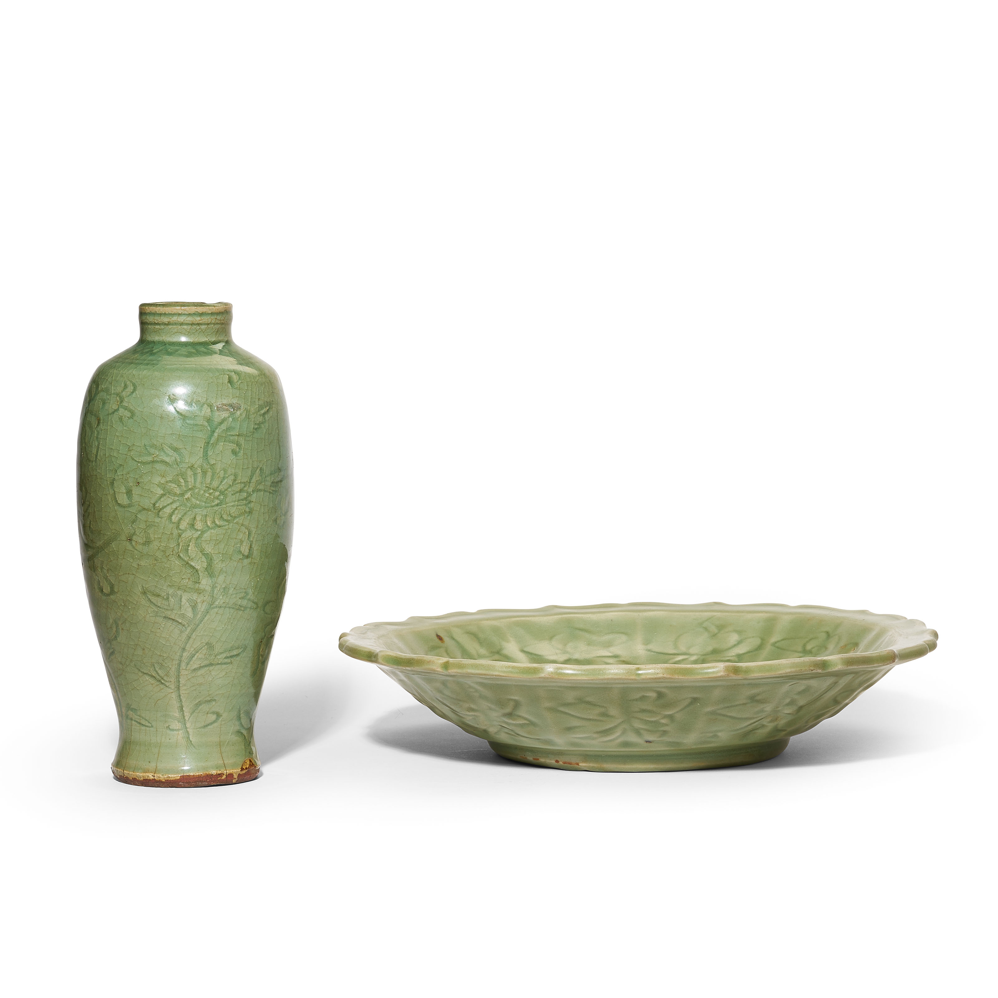 A CARVED LONGQUAN CELADON ‘CHRYSANTHEMUM’ VASE AND A CARVED LONGQUAN ...