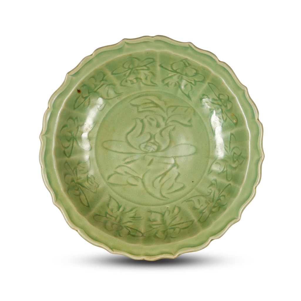 A CARVED LONGQUAN CELADON ‘CHRYSANTHEMUM’ VASE AND A CARVED LONGQUAN ...