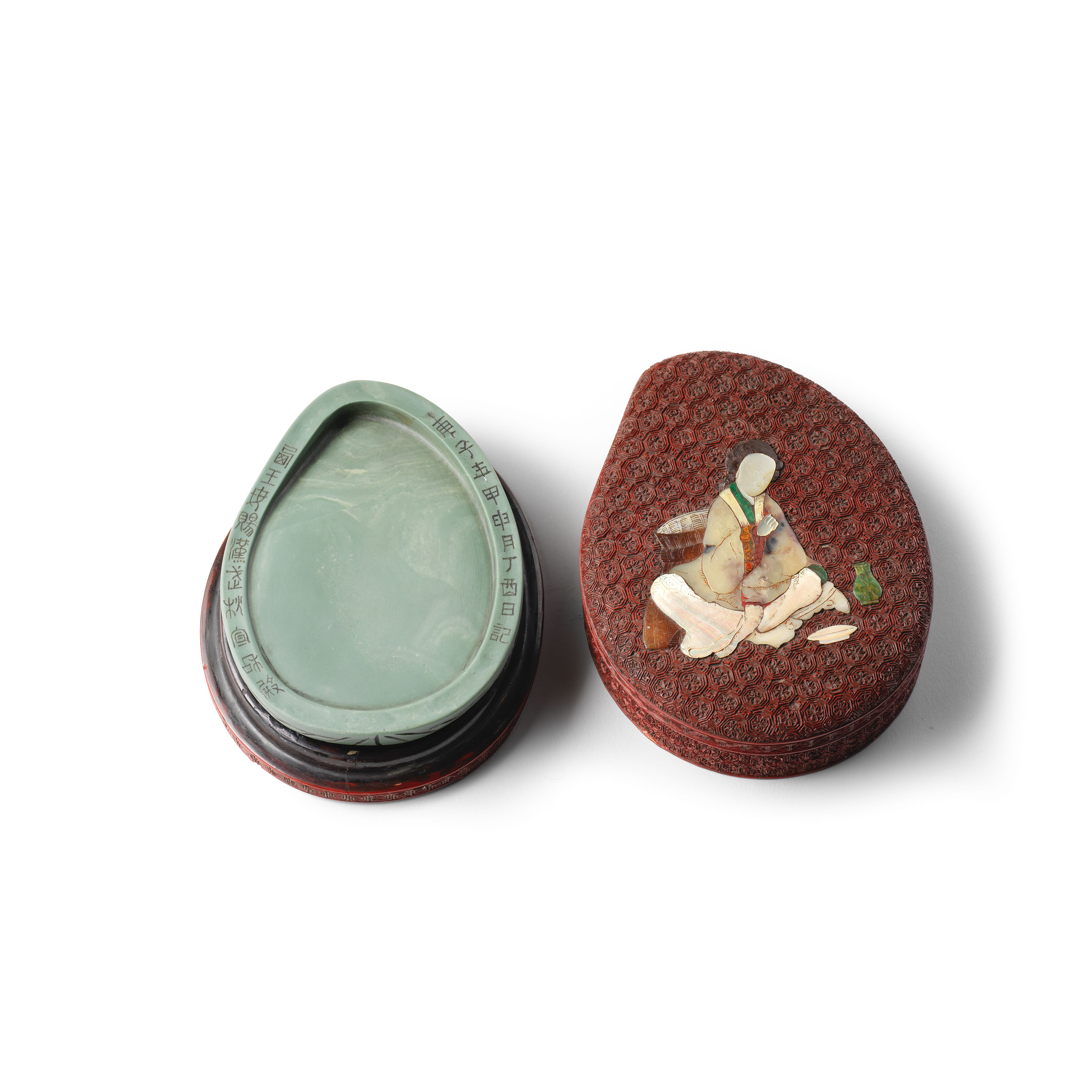 A SONGHUA INKSTONE AND PEACH-SHAPED CINNABAR LACQUER BOX, QING DYNASTY ...