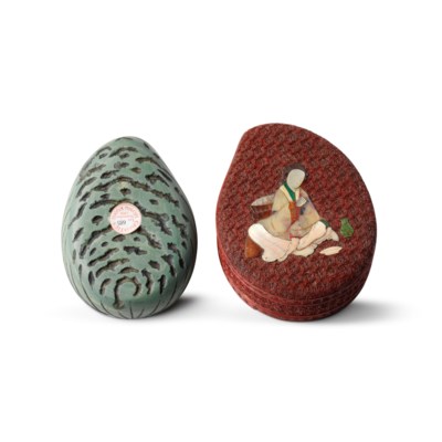 A SONGHUA INKSTONE AND PEACH-SHAPED CINNABAR LACQUER BOX, QING DYNASTY ...