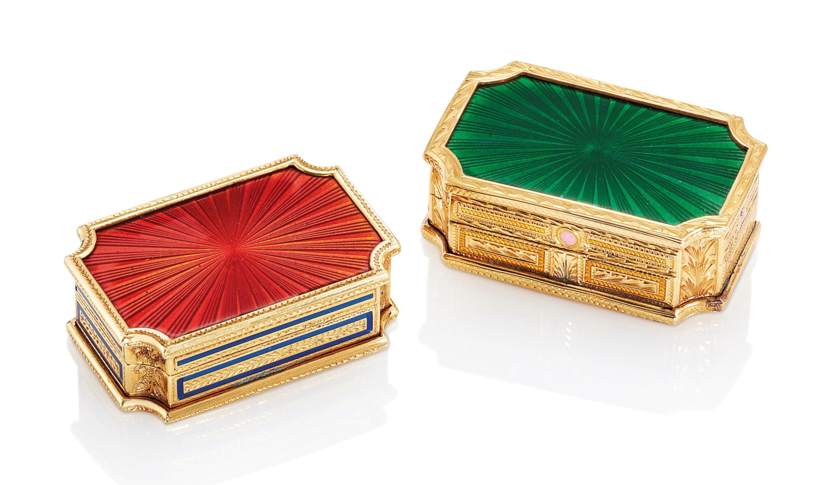 A PAIR OF CONTINENTAL ENAMELLED GOLD PILL-BOXES, EACH 20TH CENTURY AND ...