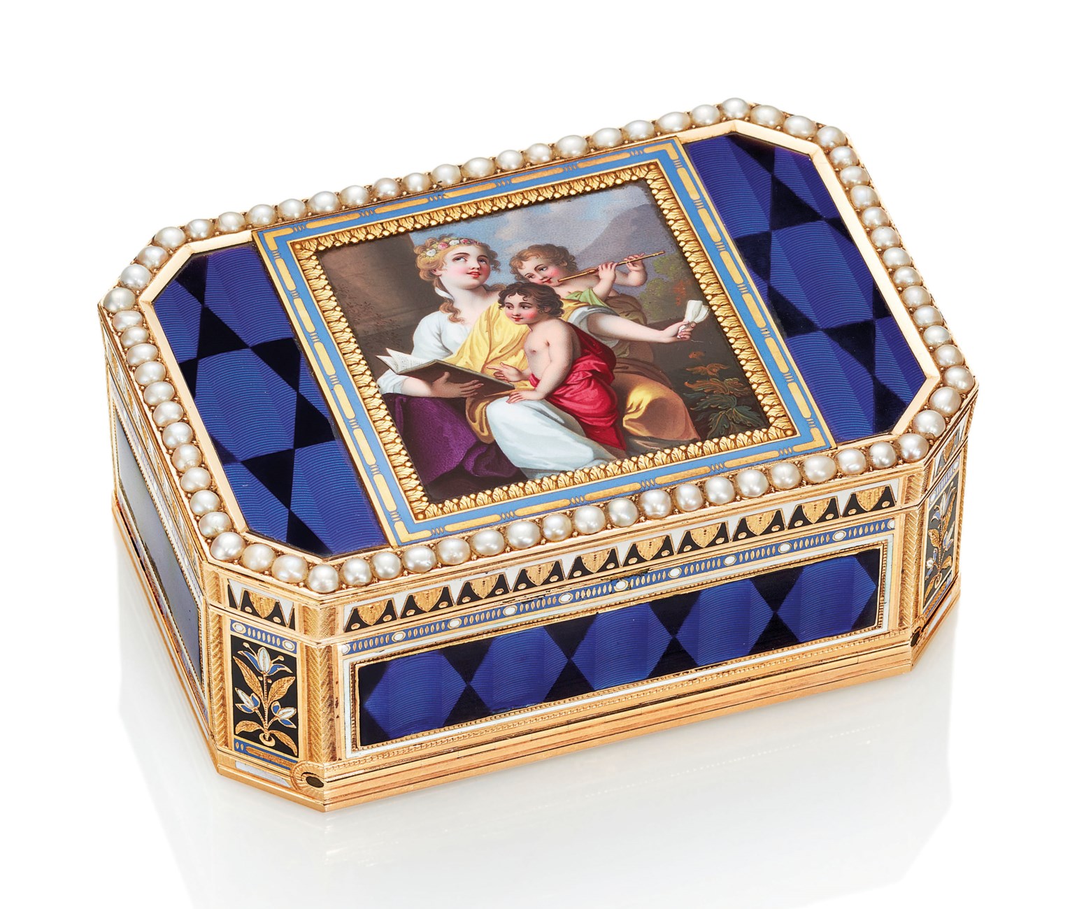 A SWISS JEWELLED ENAMELLED MUSICAL GOLD SNUFF-BOX WITH AUTOMATON, THE ...
