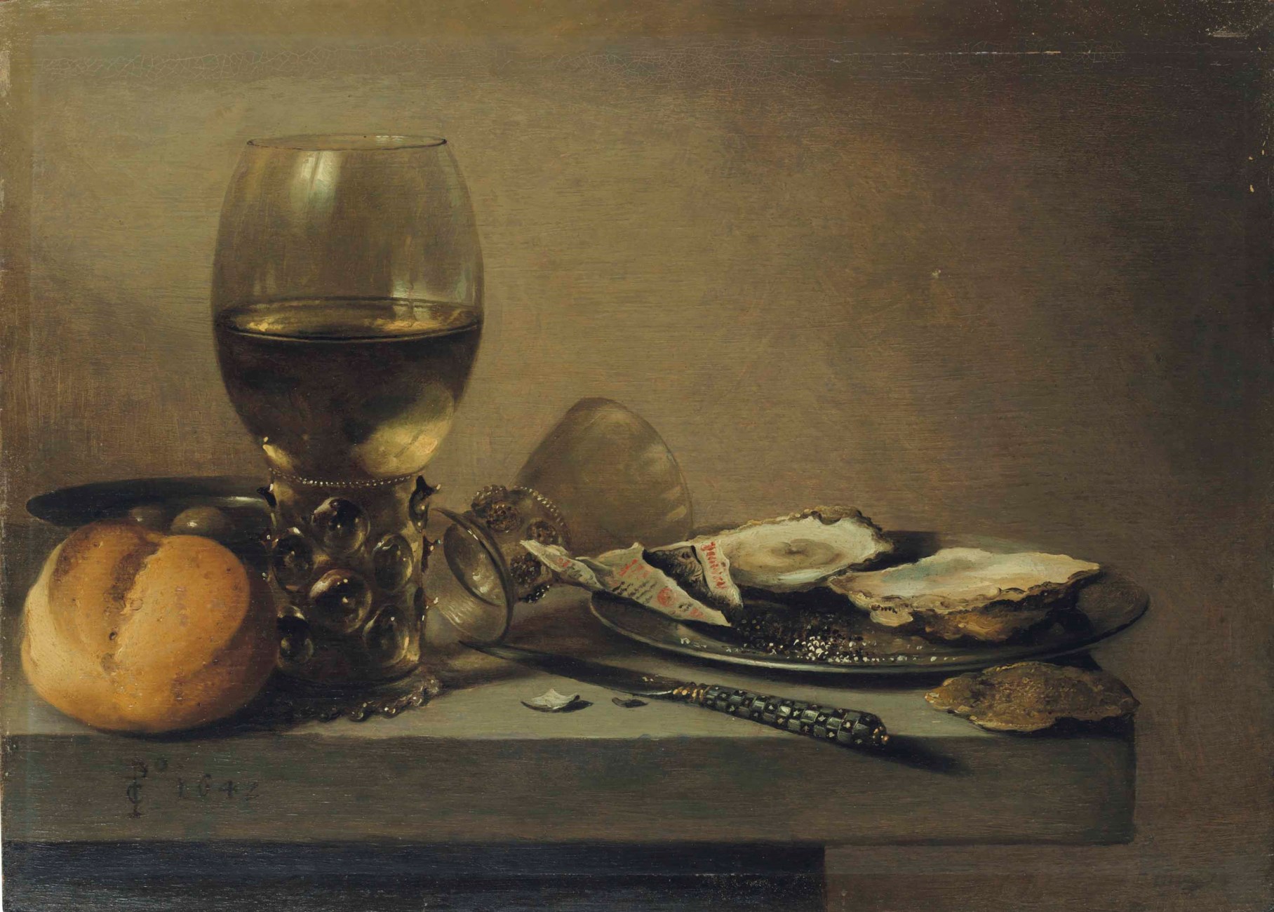 Pieter Claesz (Berchem 1597/8-1660/1 Haarlem), Two roemers, a roll, a ...