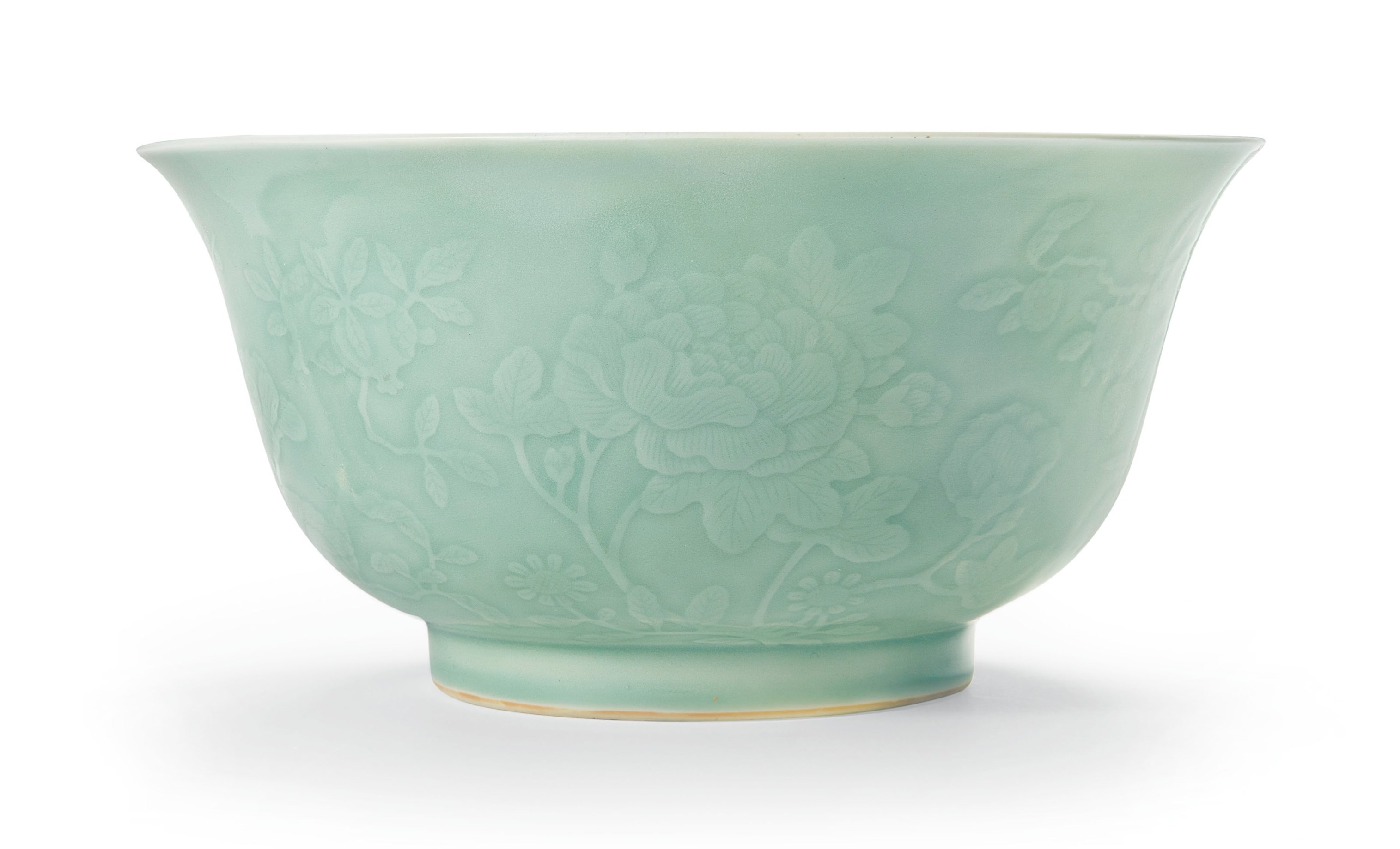 A RARE LARGE CELADON-GLAZED RELIEF-DECORATED BOWL, QIANLONG SIX ...