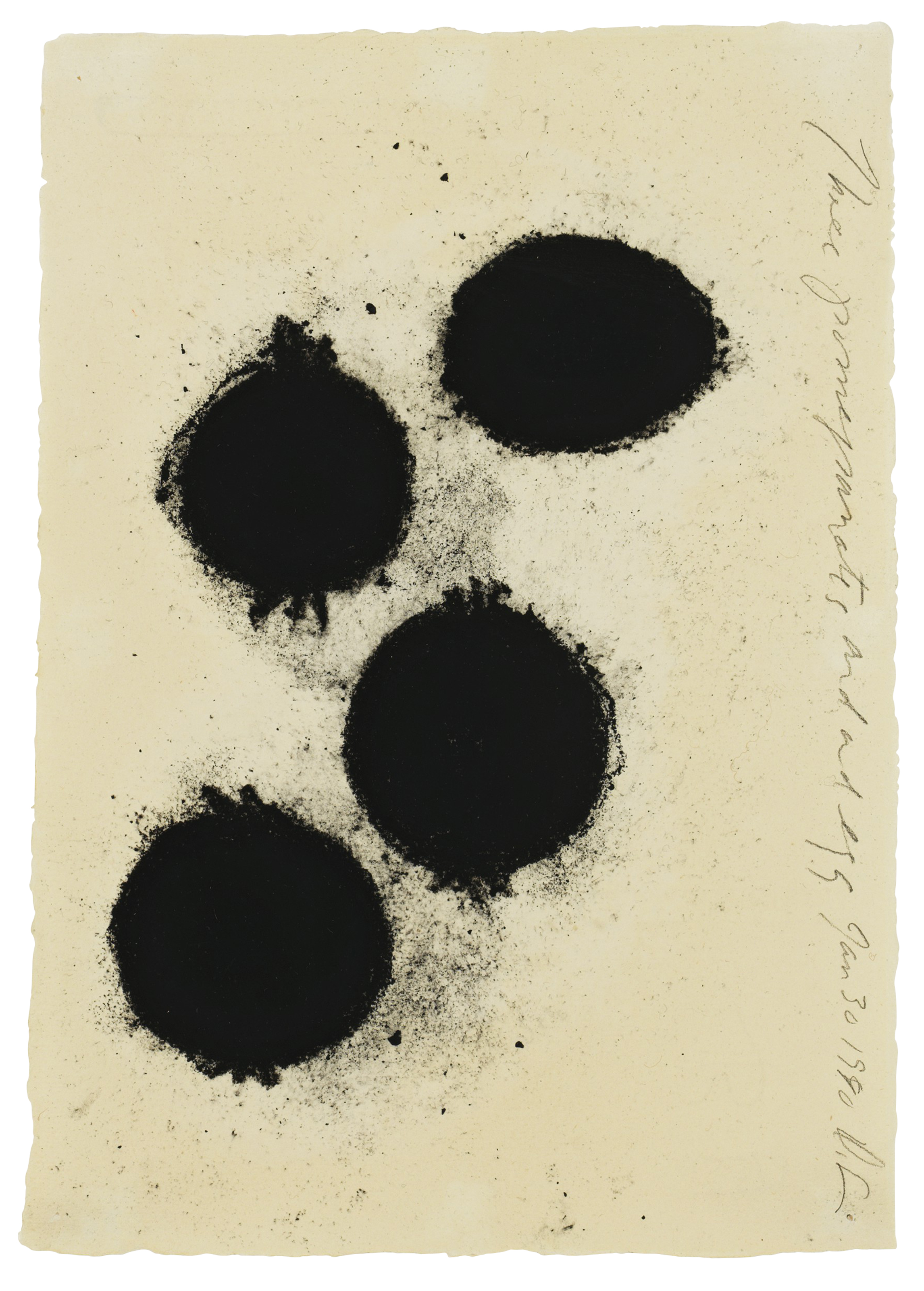 DONALD SULTAN (B. 1951), Three Pomegranates and an egg, January 30 1990 ...