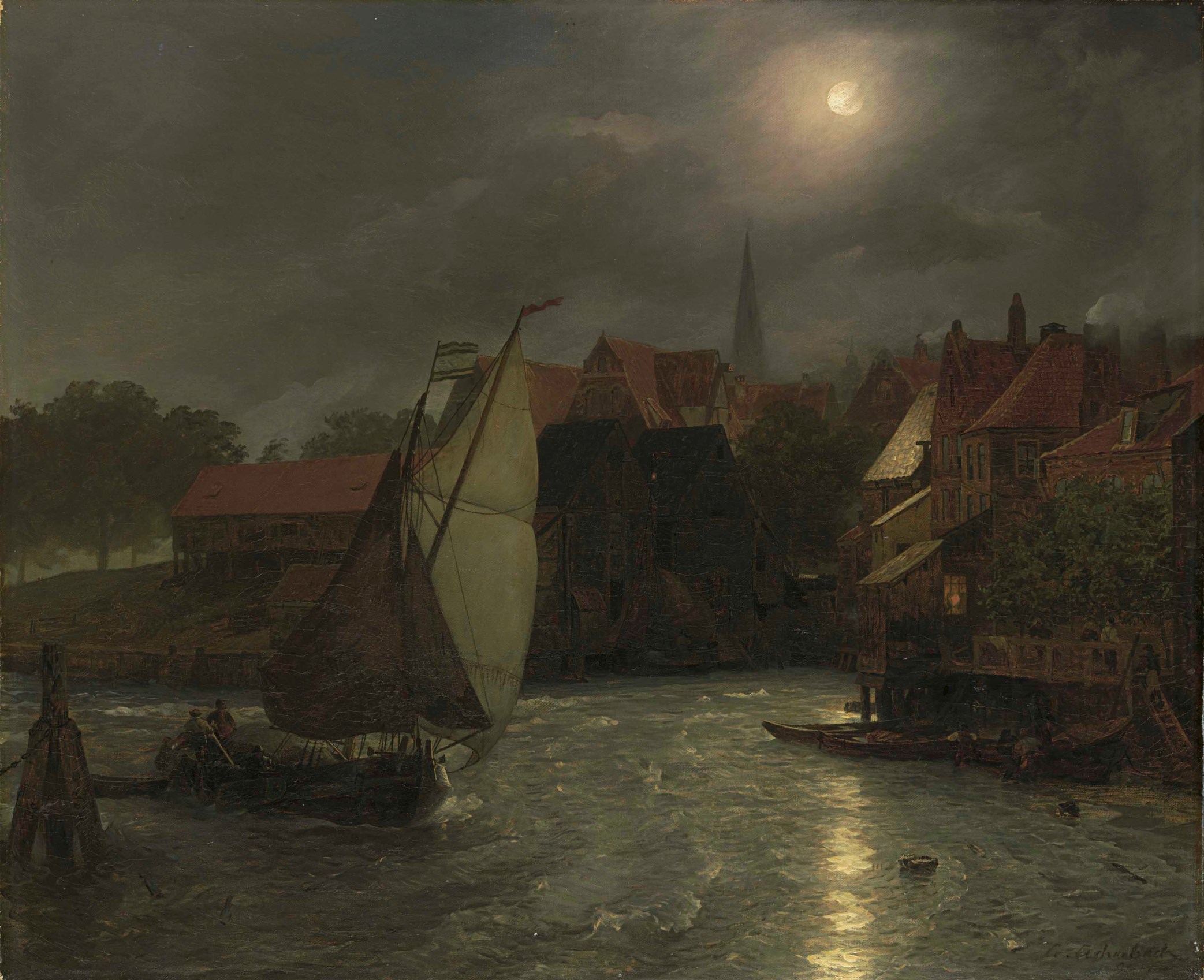 Andreas Achenbach (German, 1815-1910), Boats on a Canal, Moonlight ...
