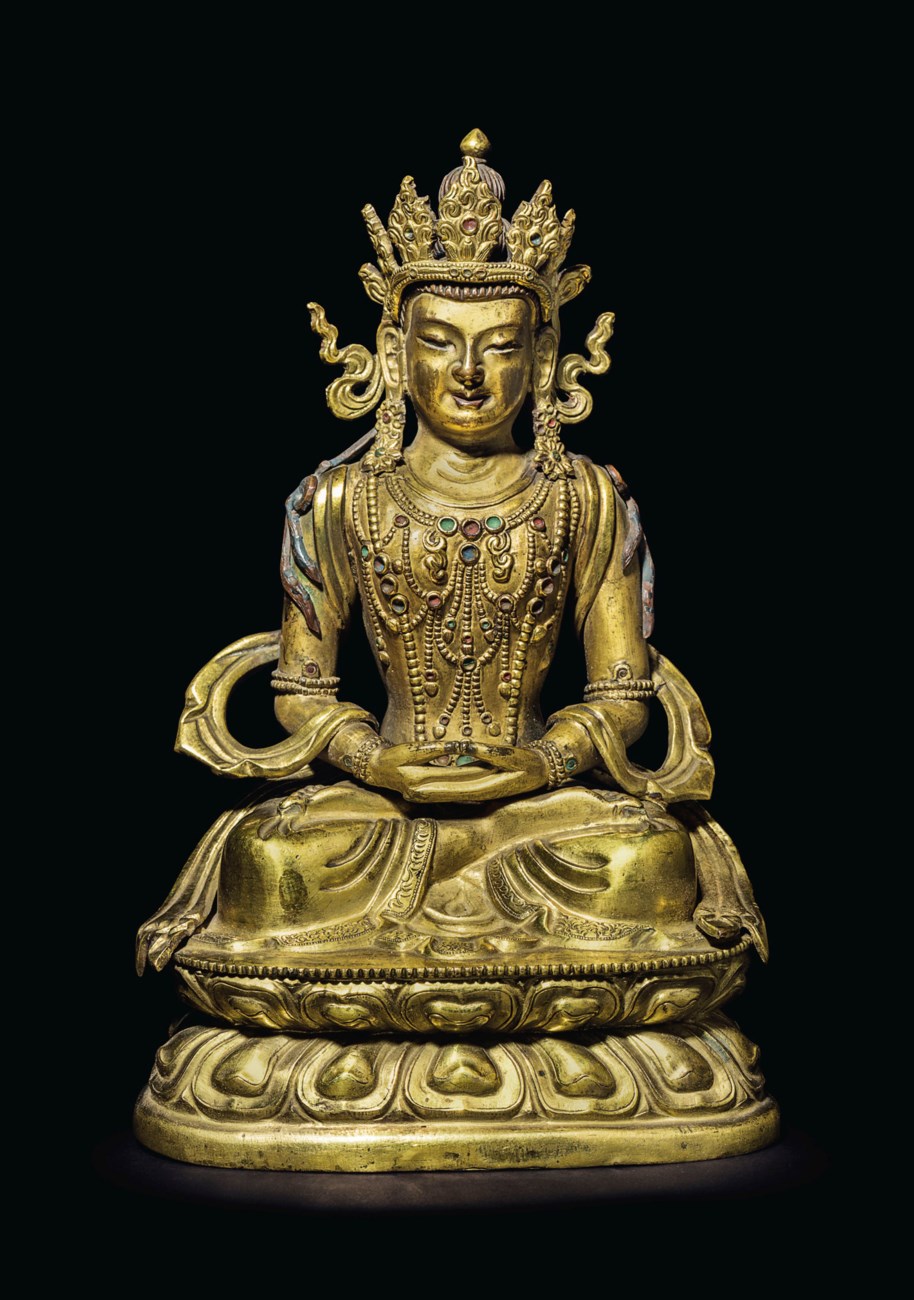 A GILT-BRONZE FIGURE OF AMITAYUS, INNER MONGOLIA, DOLON NOR, 18TH ...