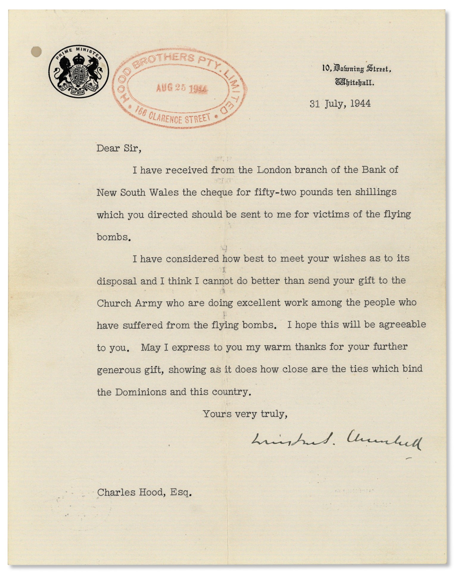 CHURCHILL, Winston S (1874-1965). Typed letter signed ("Winston S ...