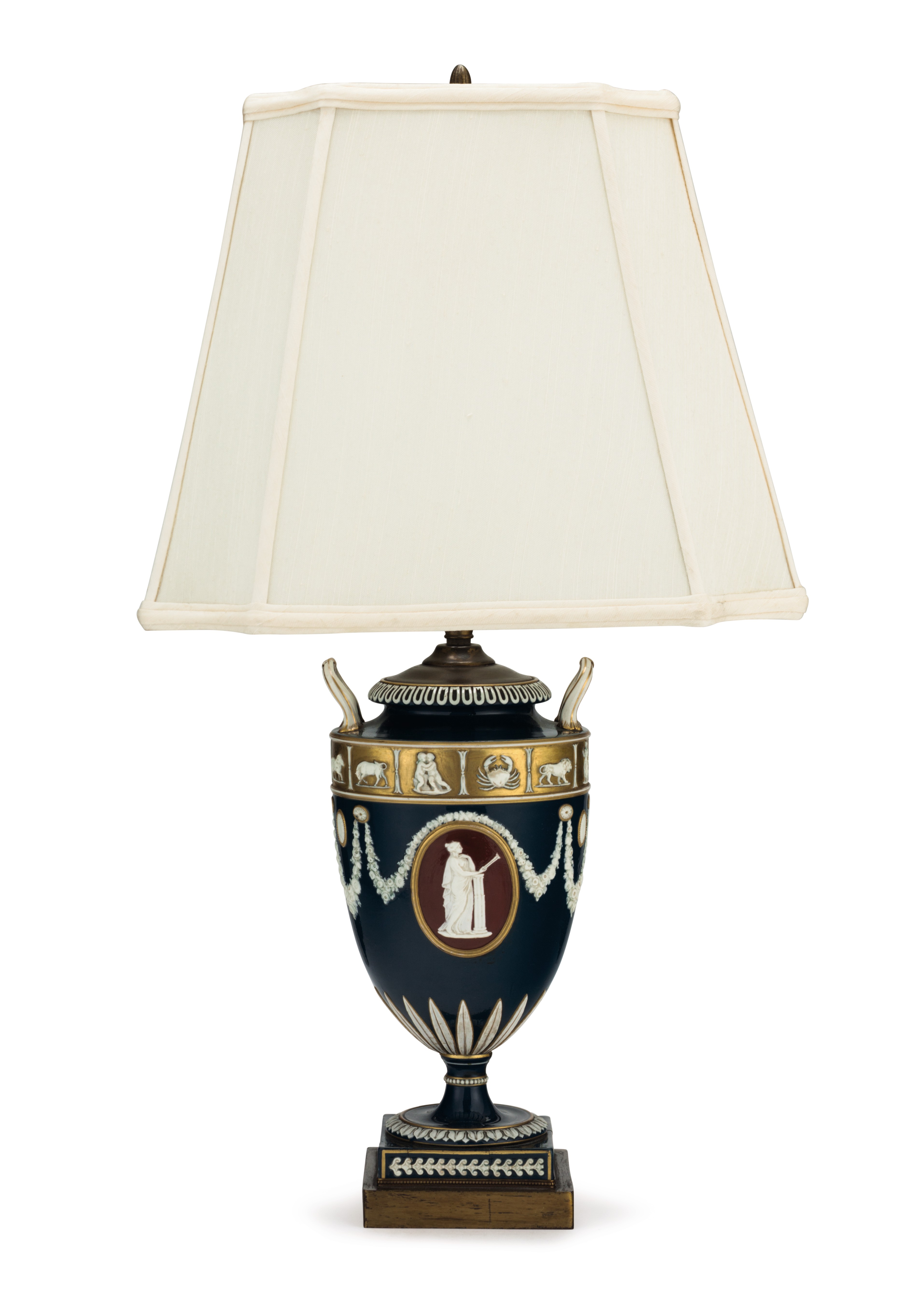 A WEDGWOOD PORCELAIN TRI-COLOR VICTORIA-WARE TWO-HANDLED VASE AND COVER ...