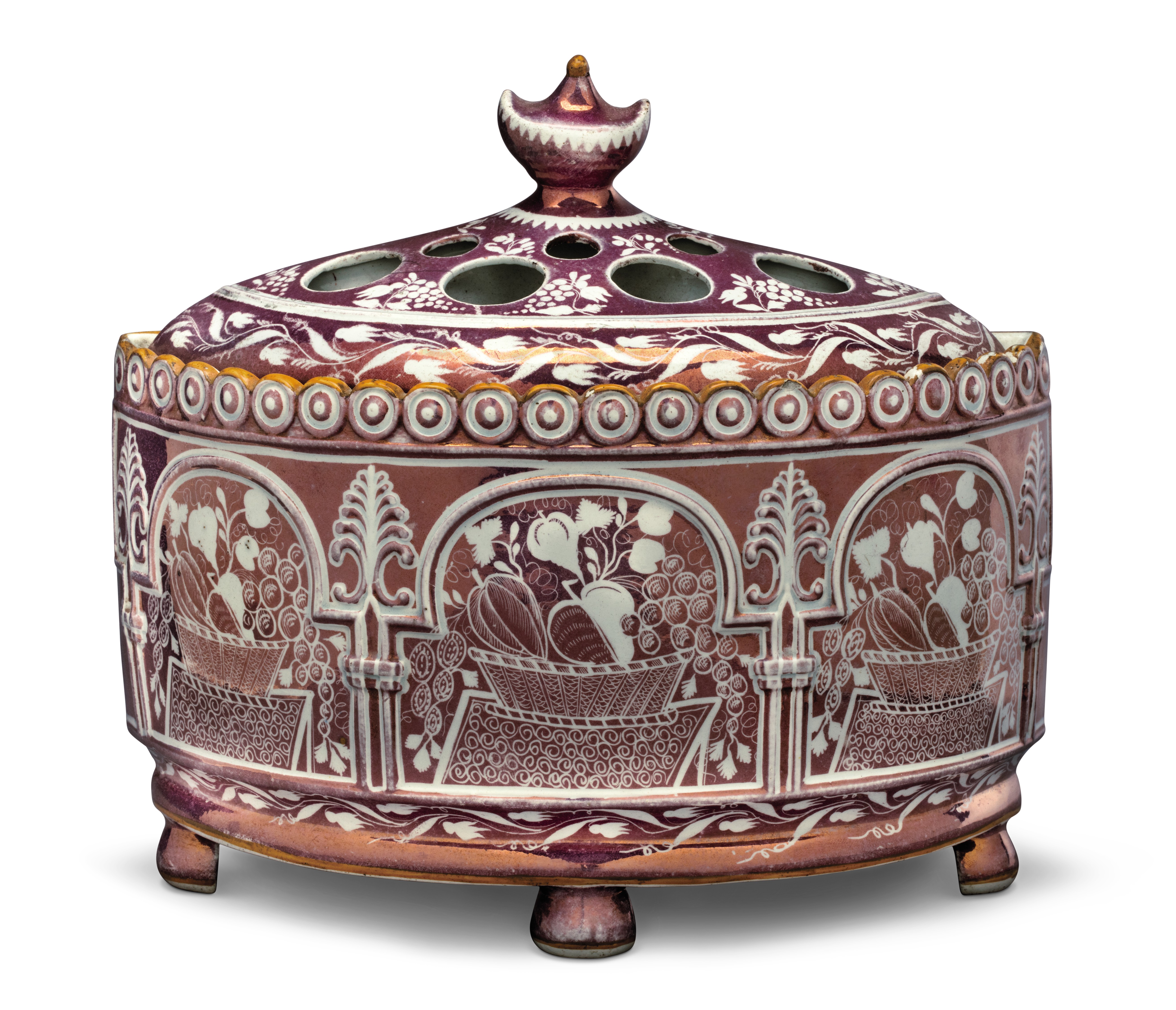 A SUNDERLAND PEARLWARE PINK-LUSTRE DEMI-LUNE BOUGH-POT AND COVER, FIRST ...