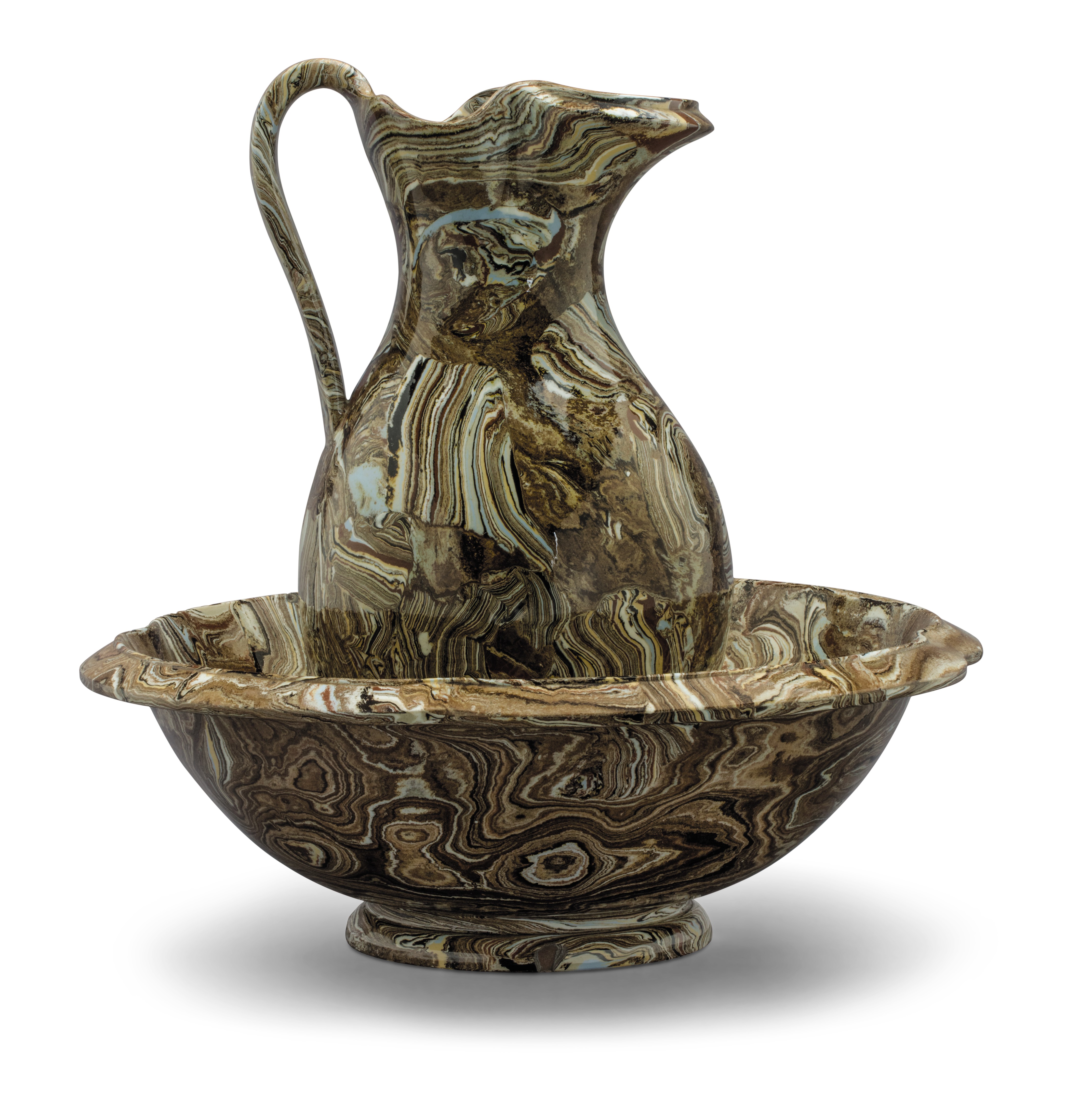 A COPELAND & GARRETT AGATEWARE EWER AND BASIN, CIRCA 1840, GREEN ...