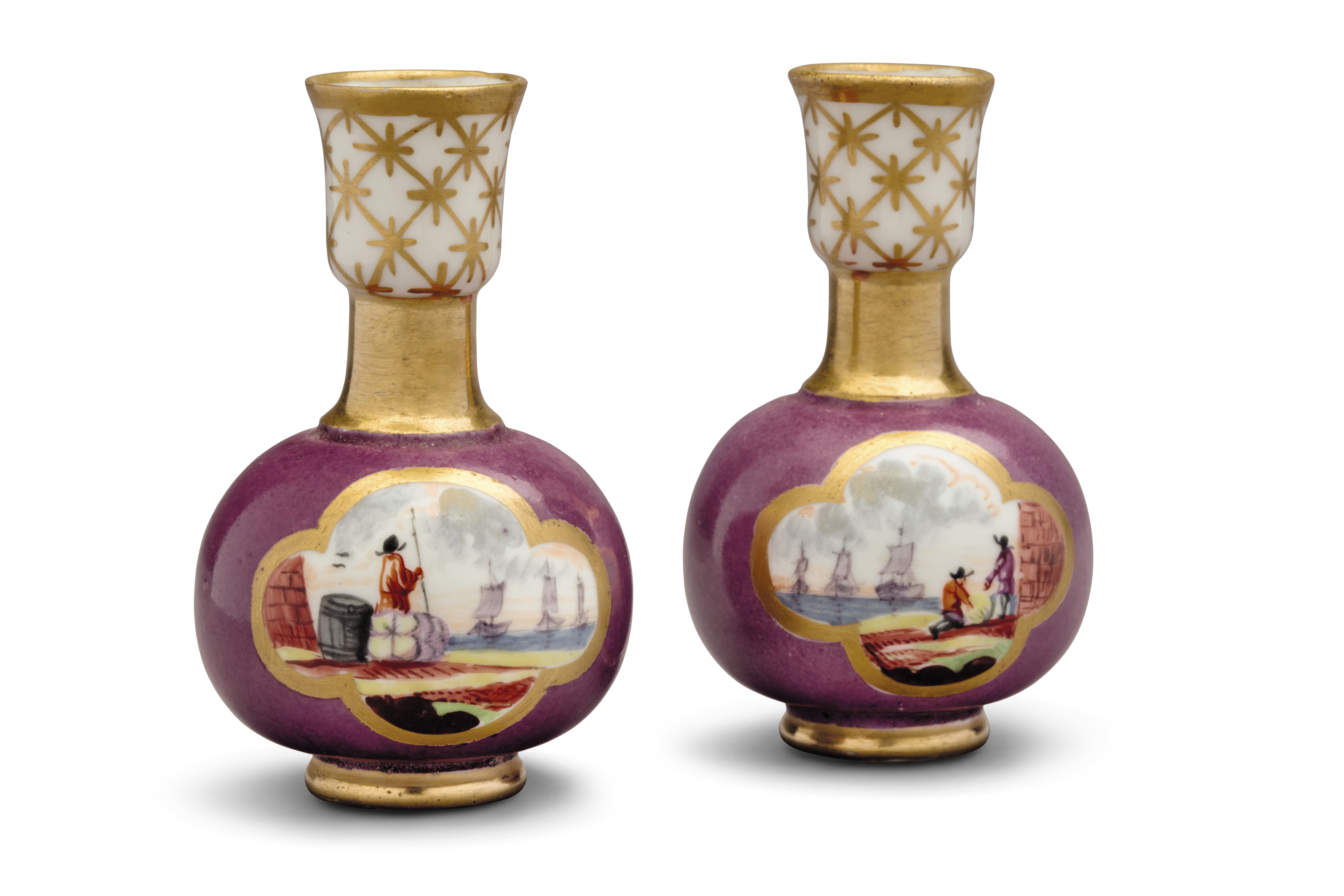 A PAIR OF SAMSON PORCELAIN PUCE-GROUND MINIATURE BOTTLE VASES, LATE ...