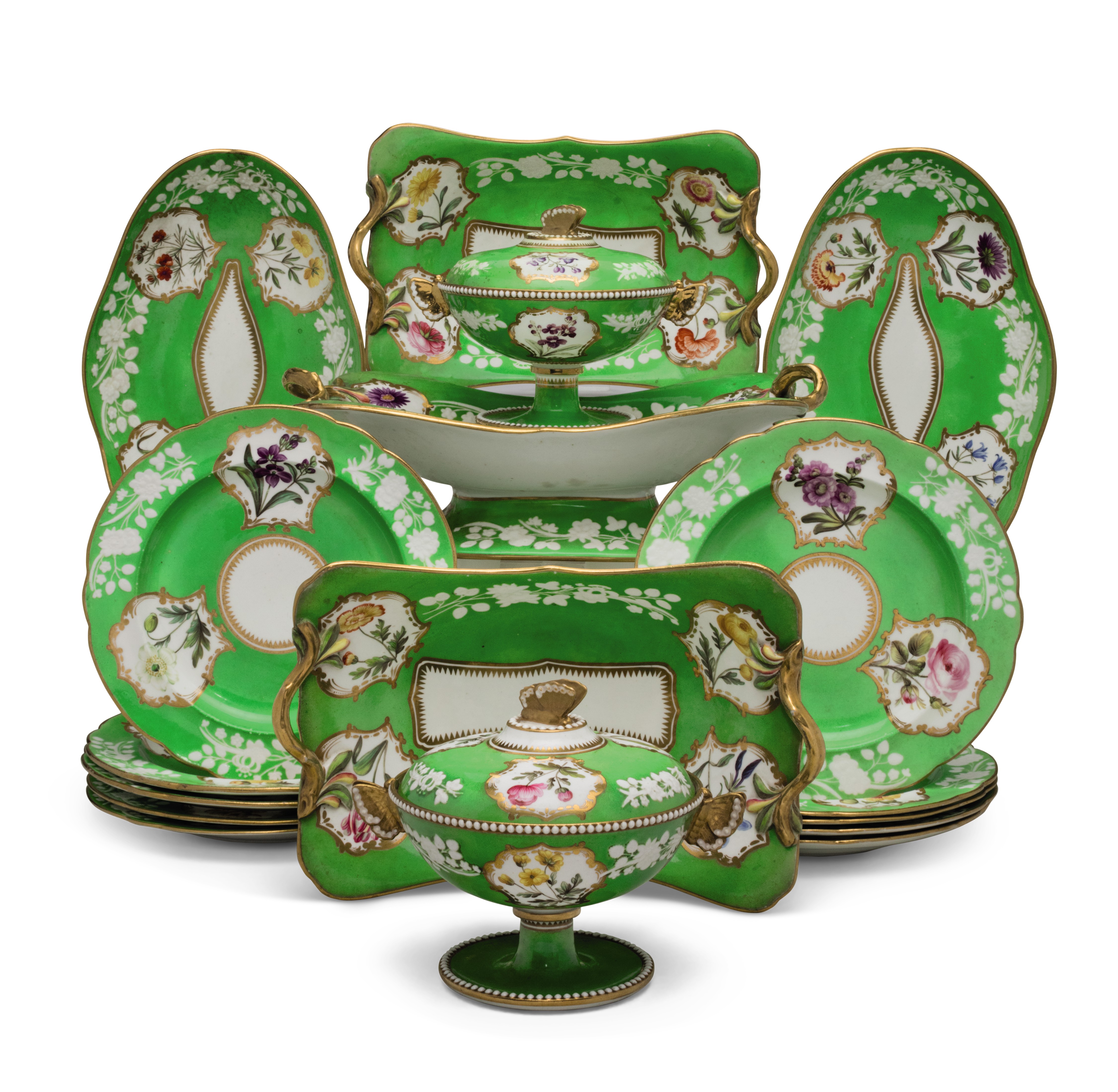 A SPODE PORCELAIN APPLE-GREEN GROUND PART DESSERT SERVICE, CIRCA 1820 ...