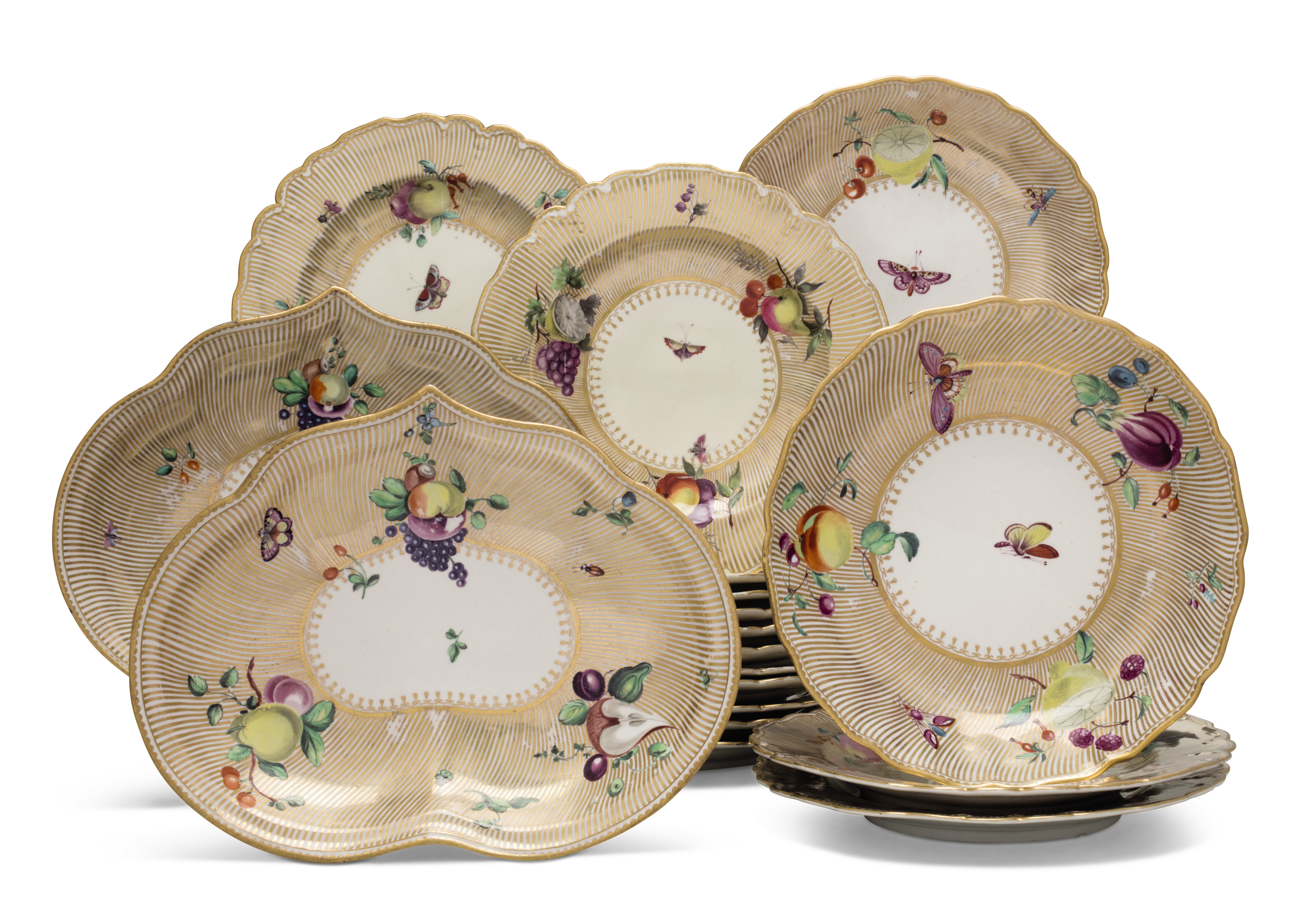 A CHELSEA PORCELAIN GILT-STRIPED PART DESSERT SERVICE, CIRCA 1765, GOLD ...