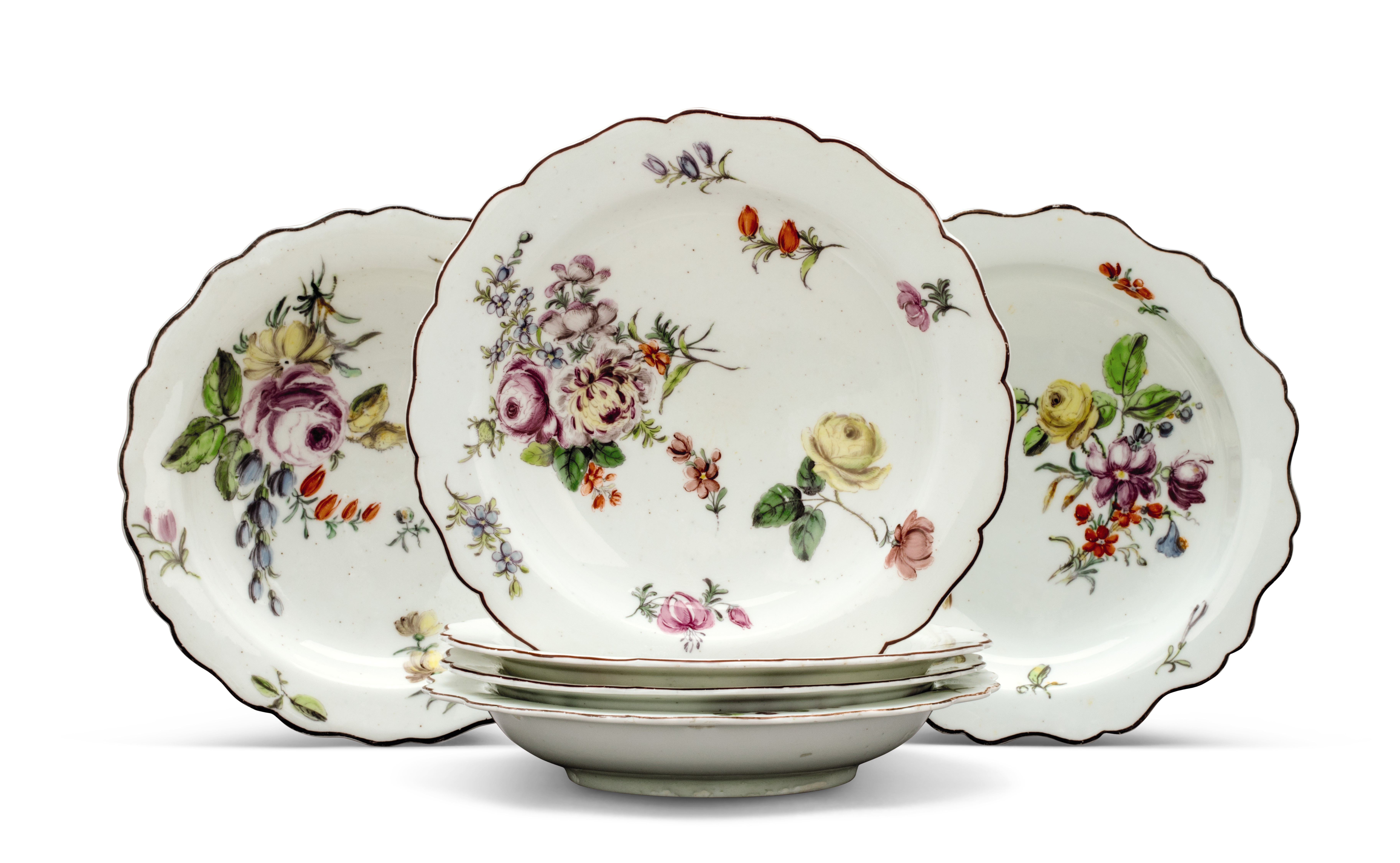 SIX CHELSEA PORCELAIN PORRIDGE PLATES, CIRCA 1755, IRON-RED ANCHOR ...