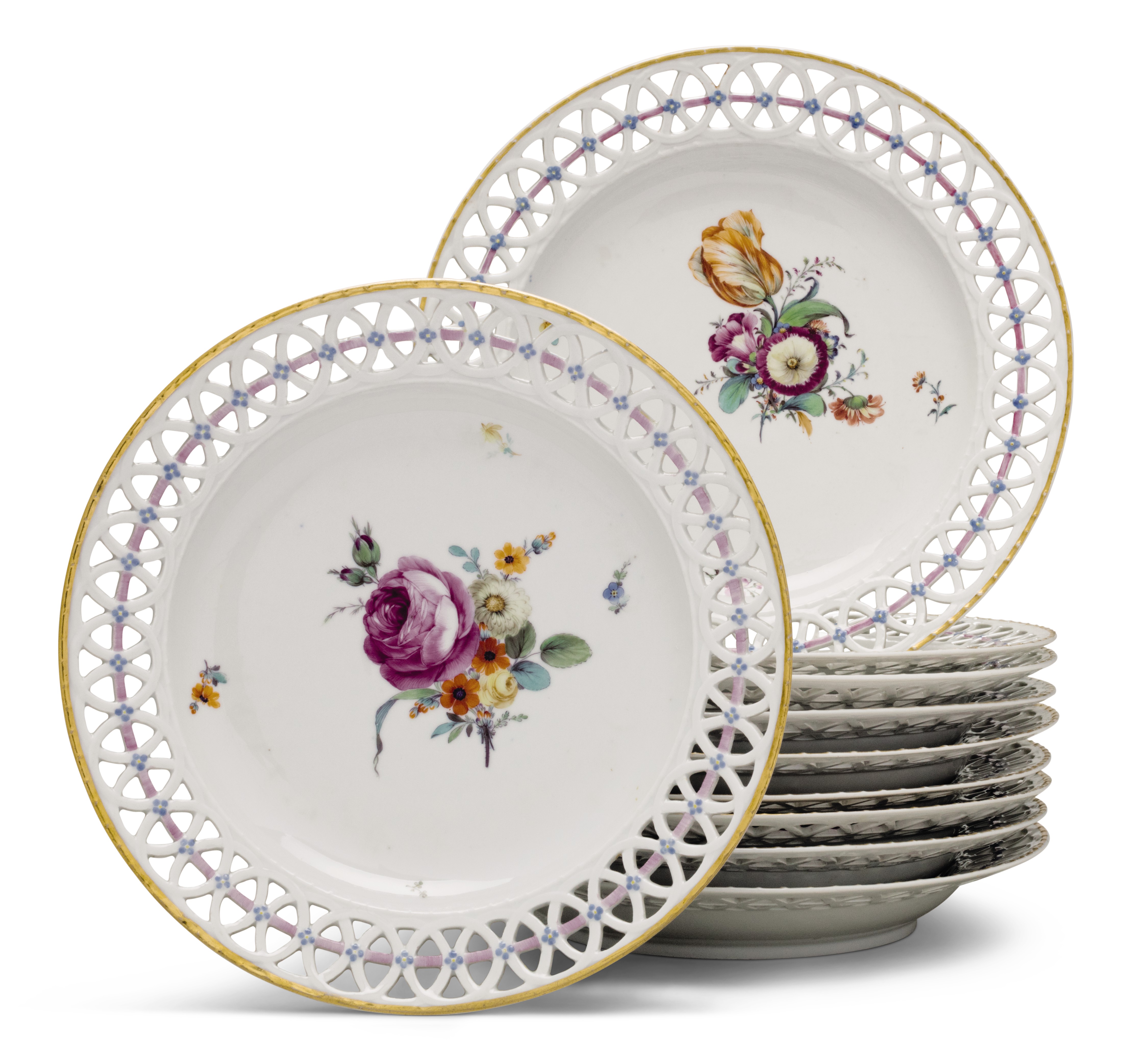 TEN FURSTENBERG PORCELAIN PIERCED DESSERT PLATES, CIRCA 1785, BLUE ...
