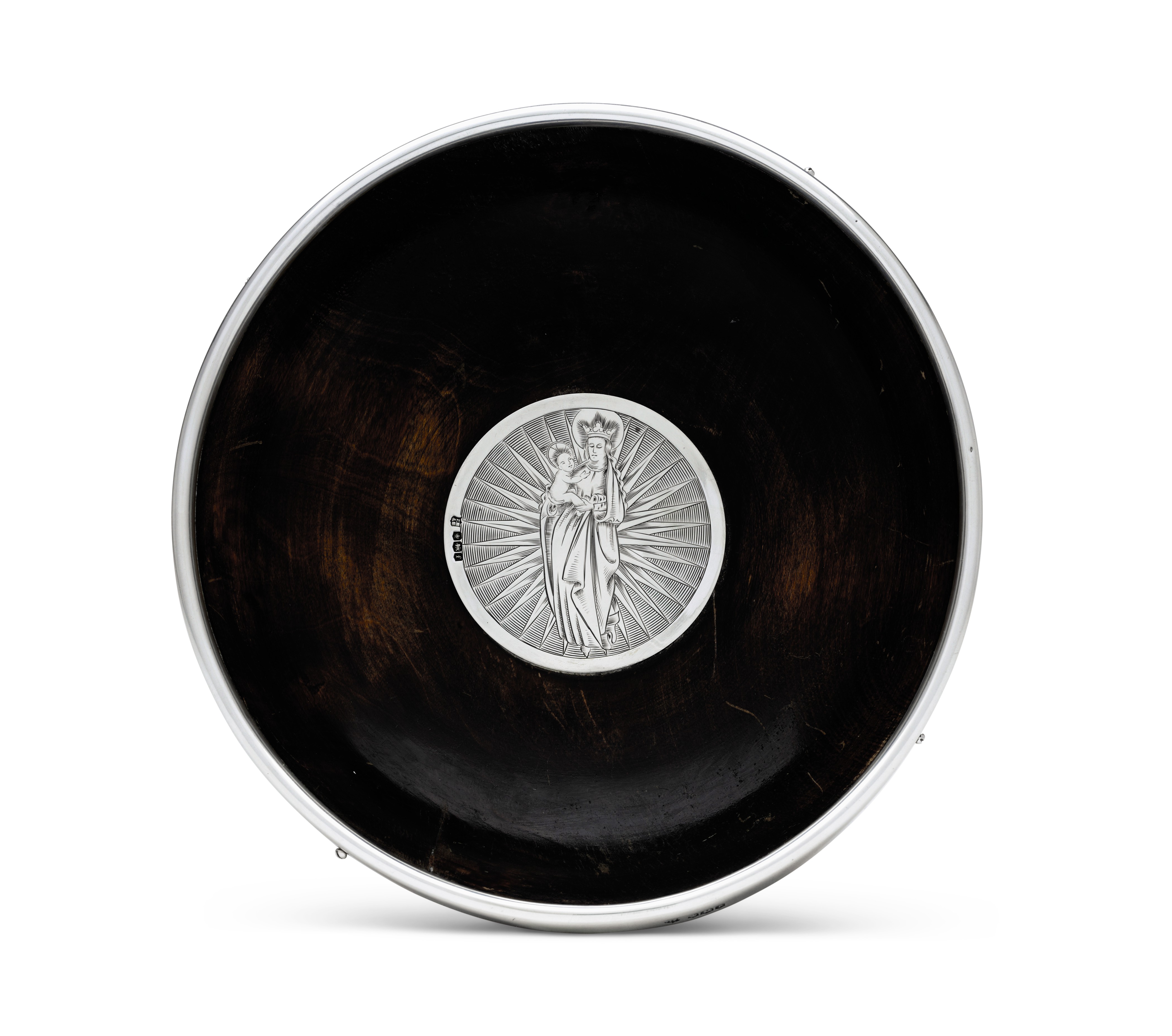 A GEORGE V SILVER-MOUNTED STAINED FRUITWOOD MAZER BOWL, MARK OF THOMAS ...