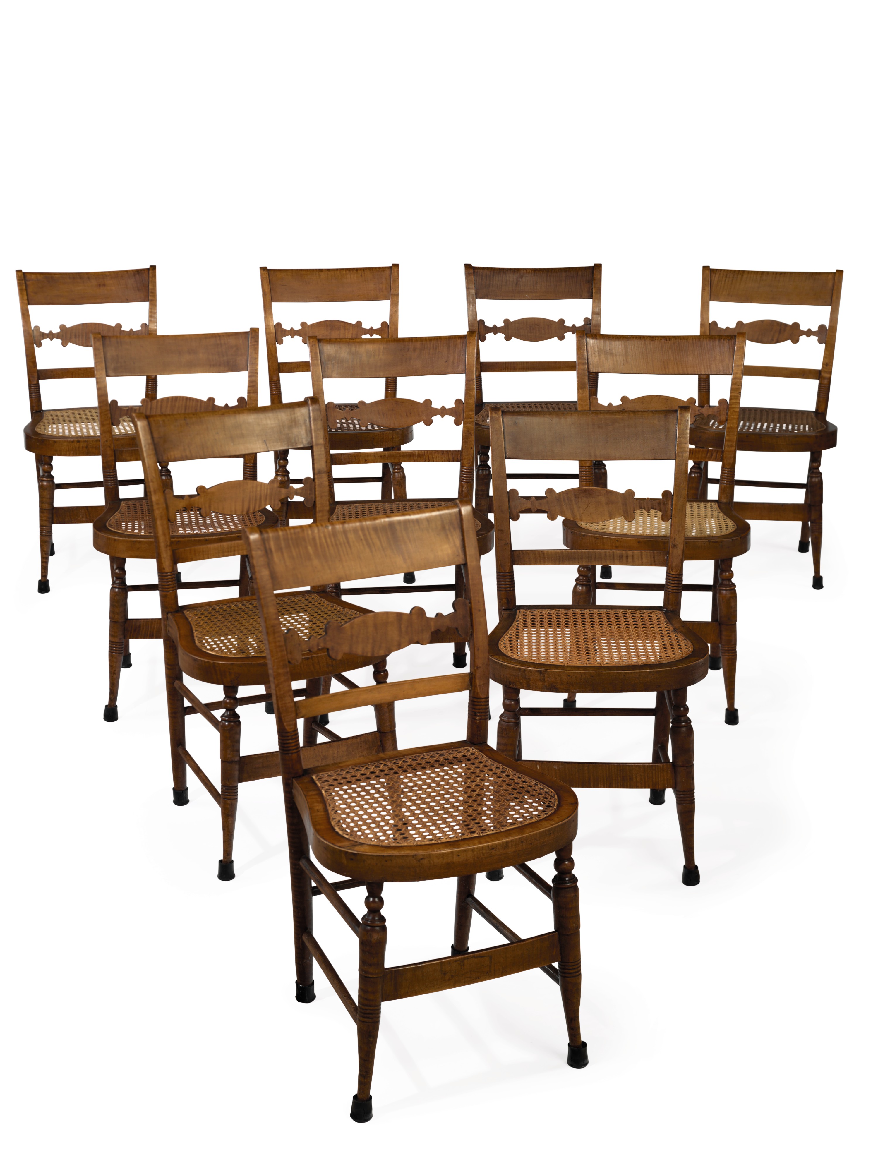 A SET OF TEN AMERICAN CLASSICAL FIGURED MAPLE SIDE CHAIRS, NEW ENGLAND ...
