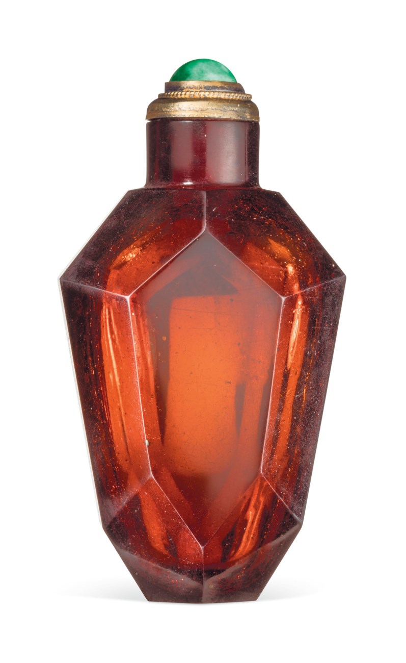 A FACETED TRANSPARENT AMBER GLASS SNUFF BOTTLE, IMPERIAL GLASSWORKS ...