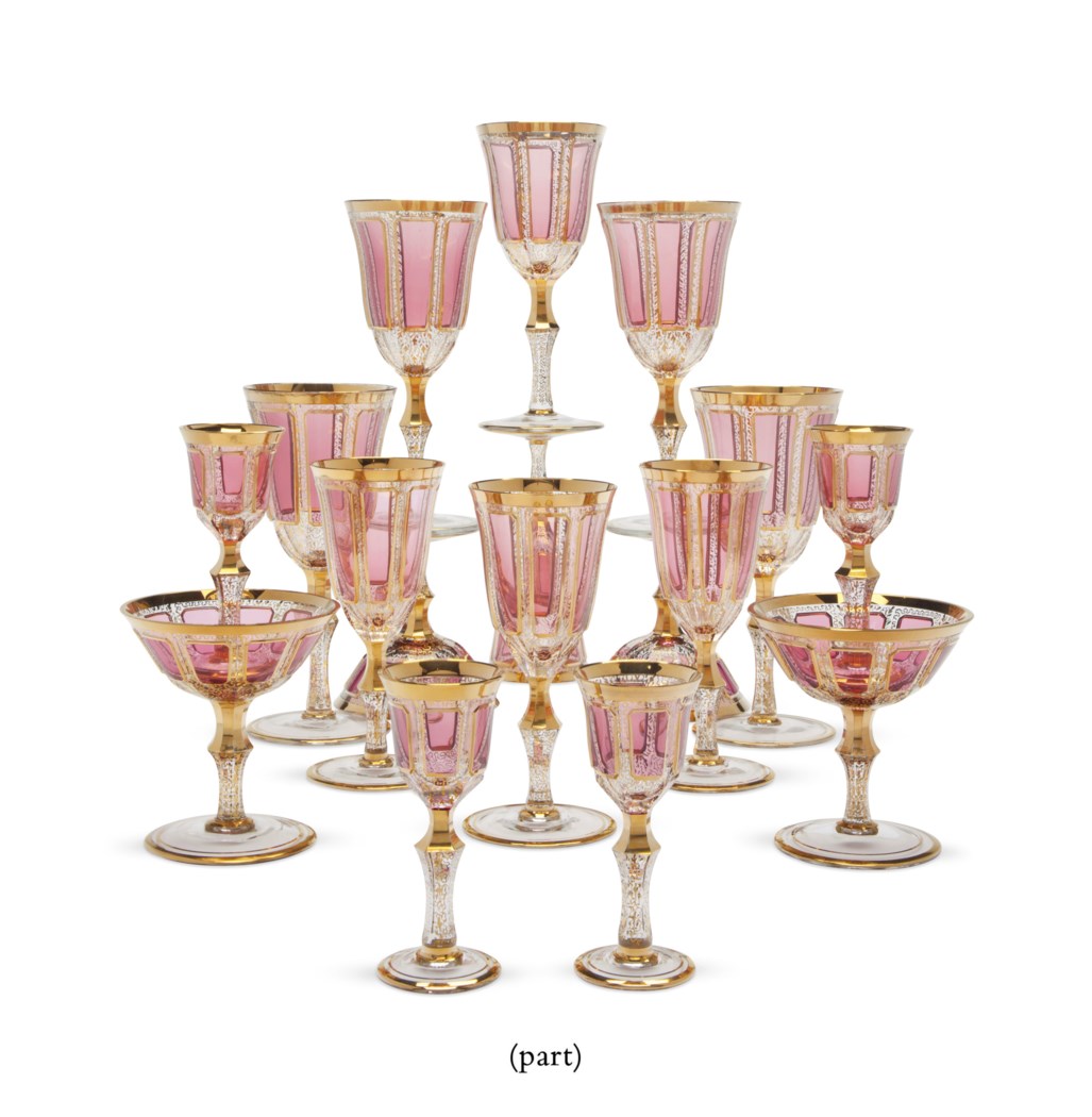 A CONTINENTAL CLEAR AND RUBY-FLASH GLASS PART STEMWARE SERVICE, 20TH ...