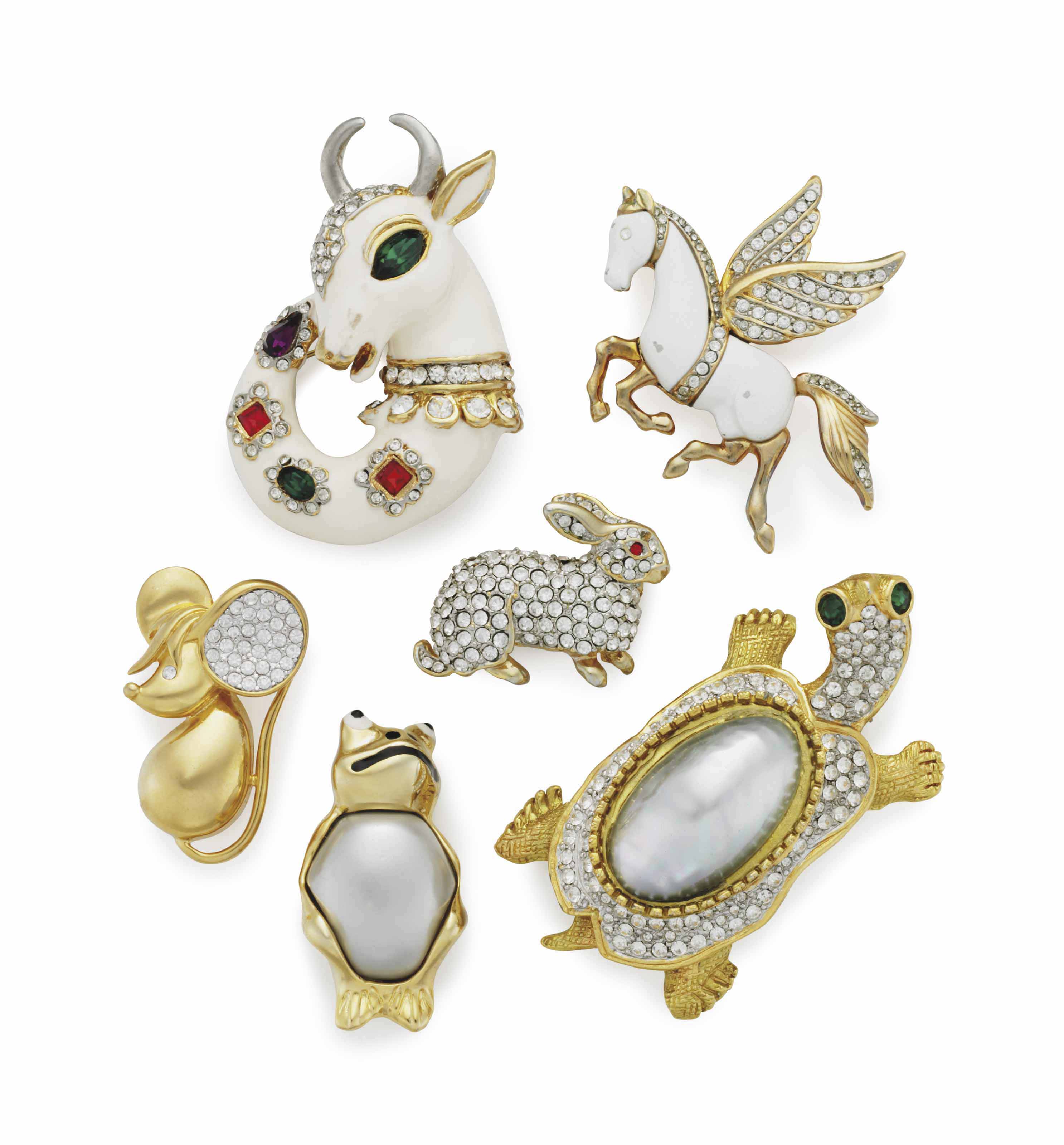SIX SIMULATED GEM, GILT METAL AND ENAMEL PINS OF ANIMALS AND REPTILES