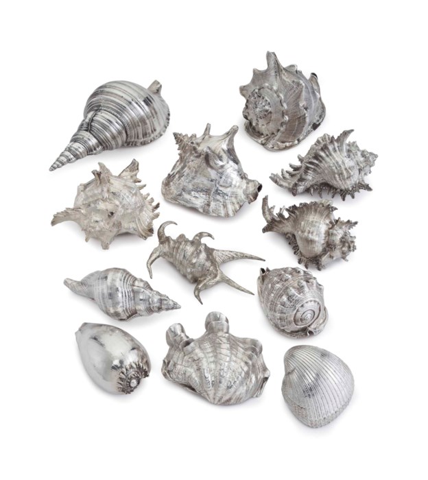 TWELVE LARGE SILVER-MOUNTED SEASHELLS, MOST WITH MARK OF FEDERICO ...