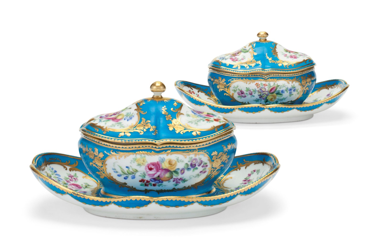 TWO SEVRES PORCELAIN BLEU CELESTE SUGAR-BOWLS AND COVERS ON FIXED ...