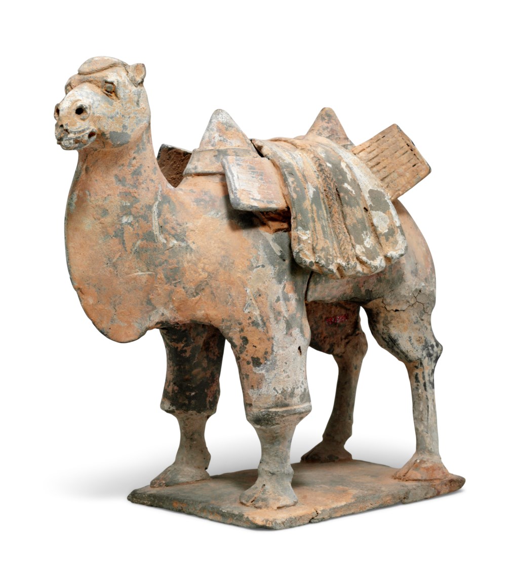 A GREY POTTERY FIGURE OF A BACTRIAN CAMEL, NORTHERN QI DYNASTY (AD 386 ...