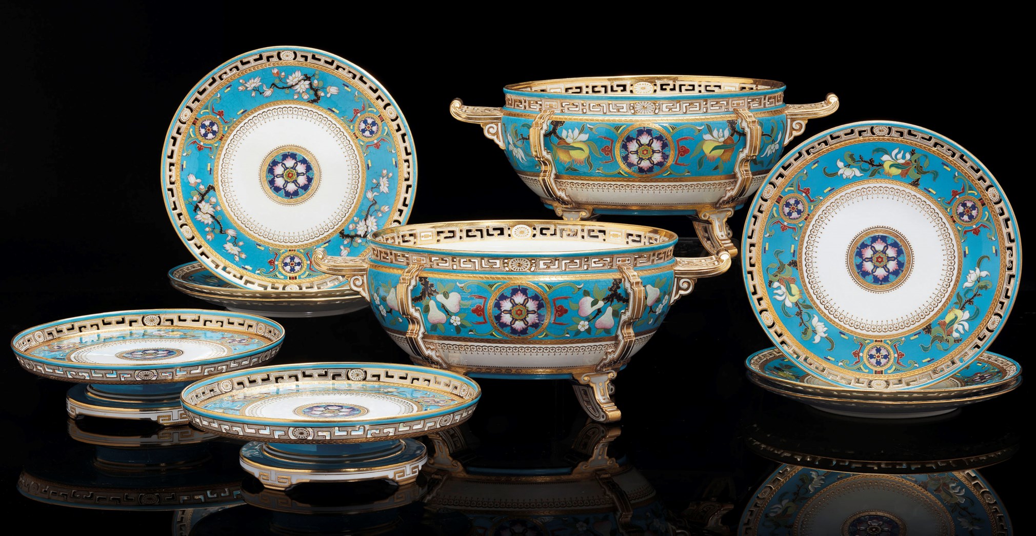 A MINTONS PORCELAIN TURQUOISE-GROUND PART SERVICE, IMPRESSED DATE ...