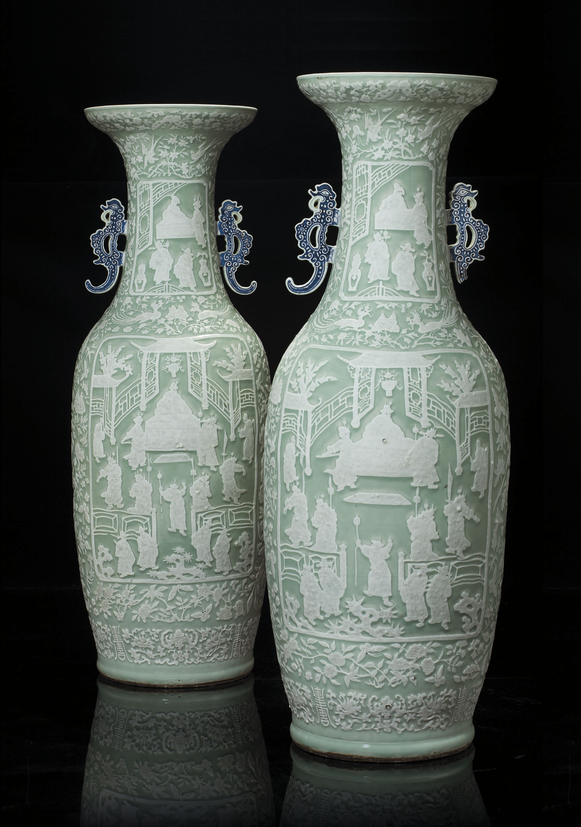 A PAIR OF CHINESE CELADON-GROUND MASSIVE VASES , LATE QING DYNASTY ...