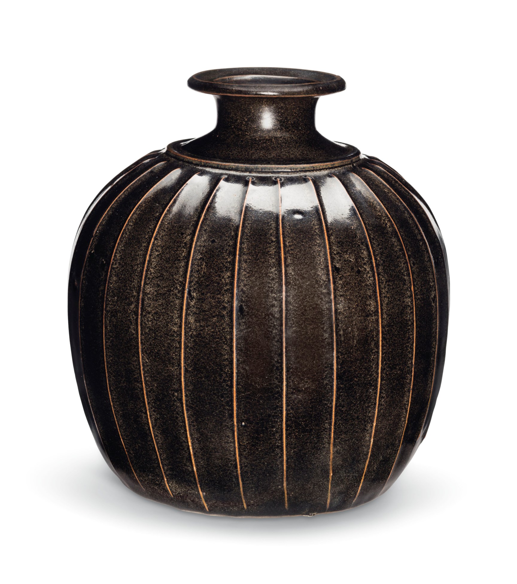 A RARE LARGE CIZHOU BLACK-GLAZED RIBBED TRUNCATED MEIPING