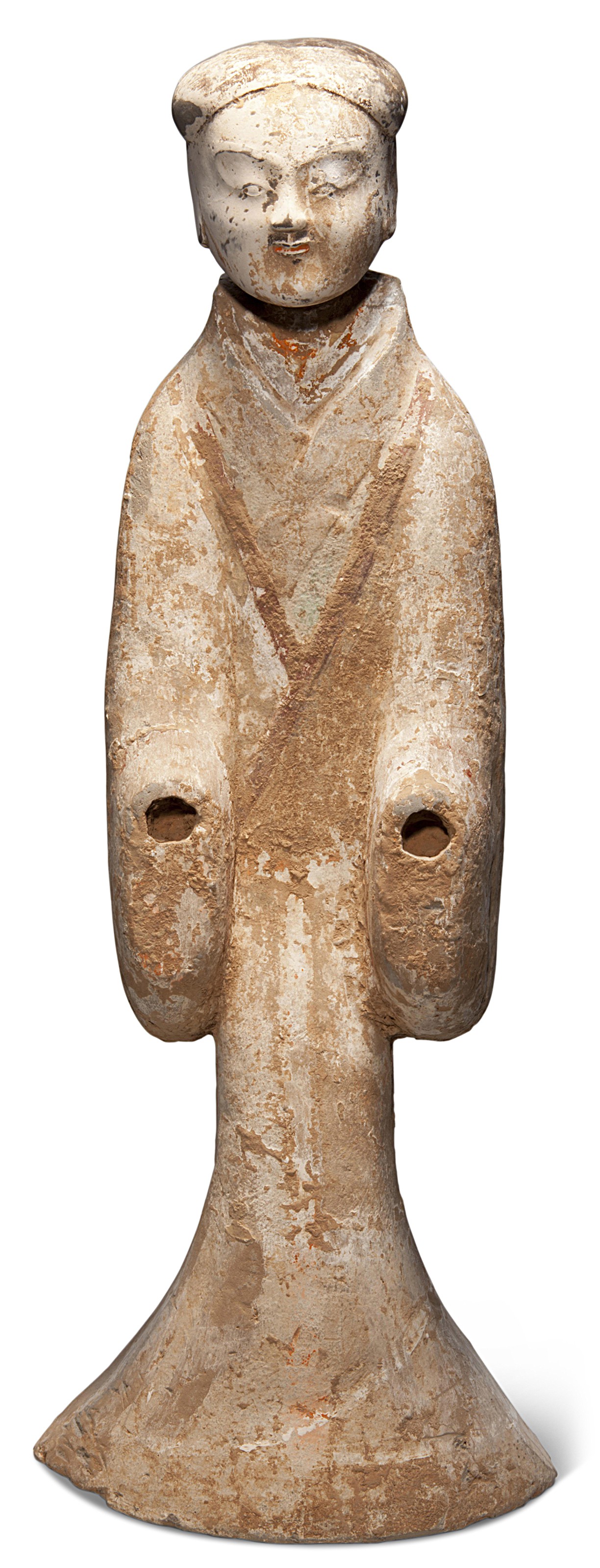 A PAINTED GREY POTTERY STANDING FIGURE, HAN DYNASTY (206 BC-AD 220 ...