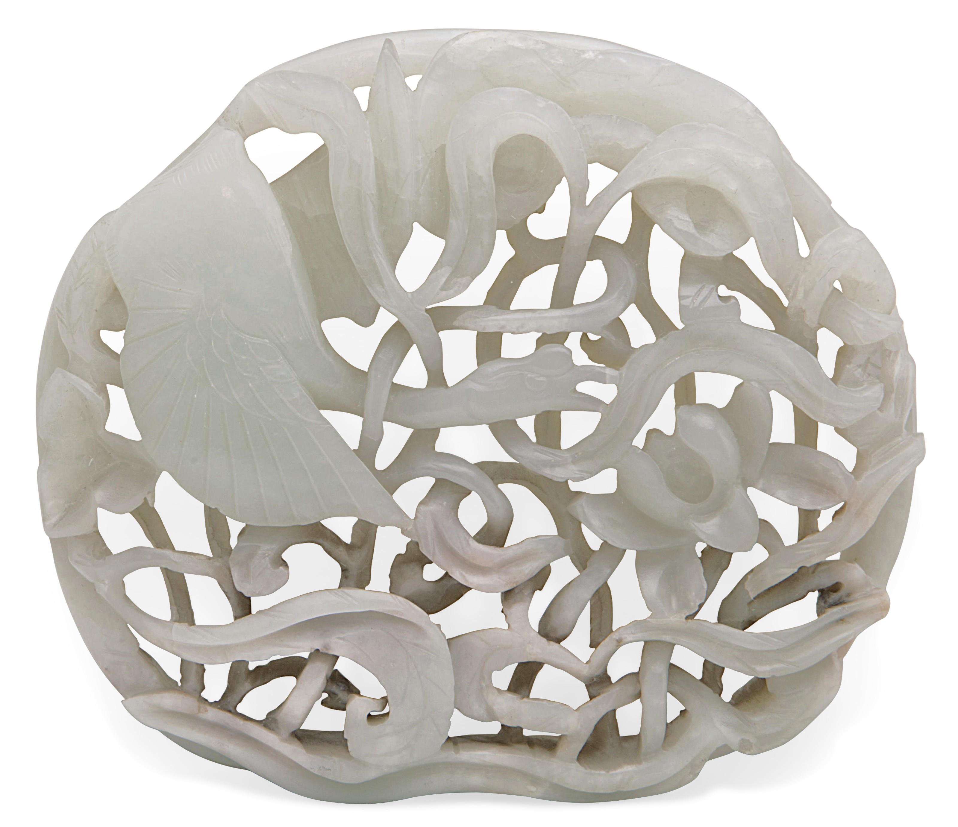 A PALE GREENISH-WHITE JADE 'SPRING WATER' OVAL PLAQUE, YUAN-MING ...